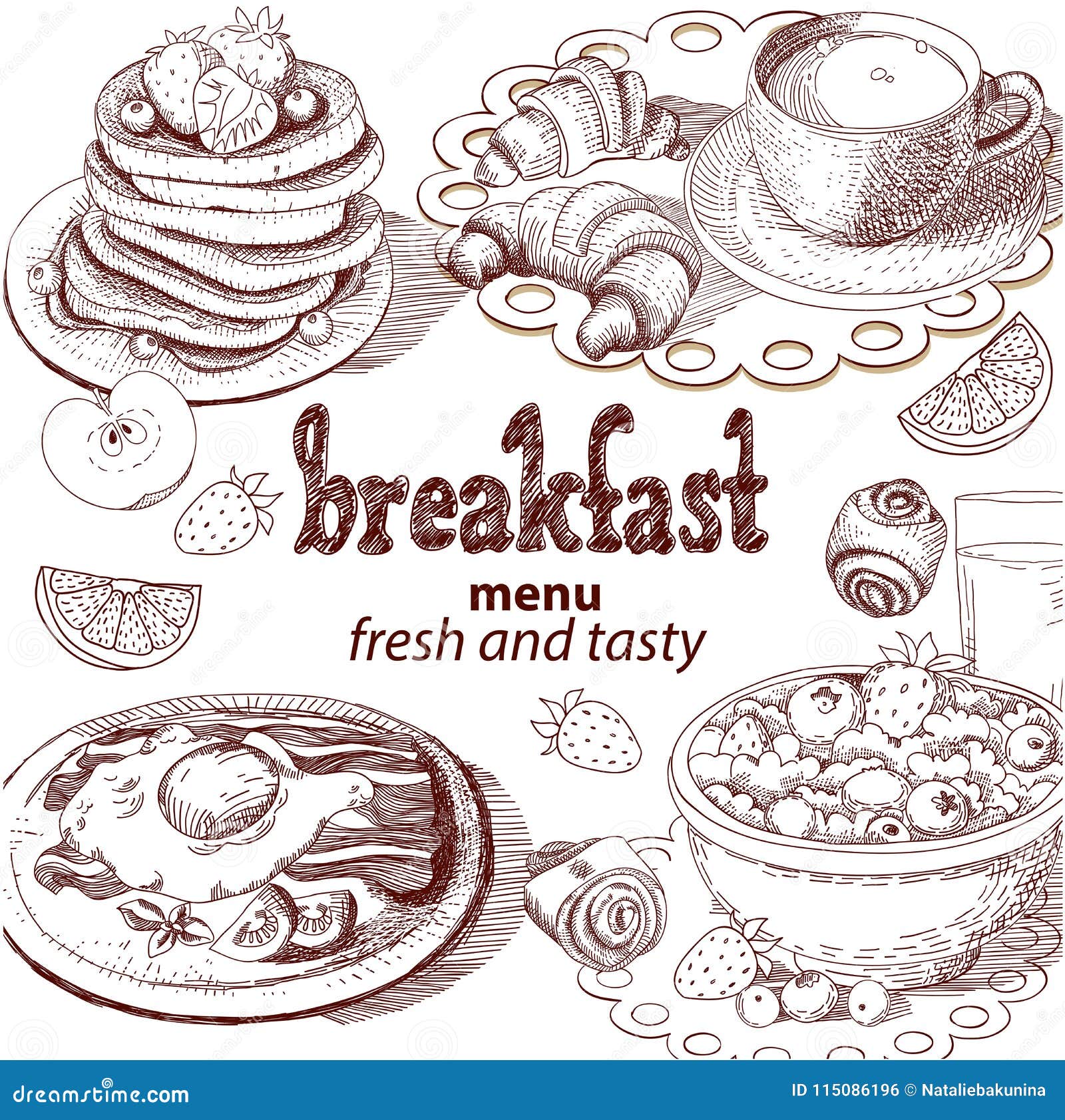 Sketch breakfast menu. stock vector. Illustration of eating - 115086196