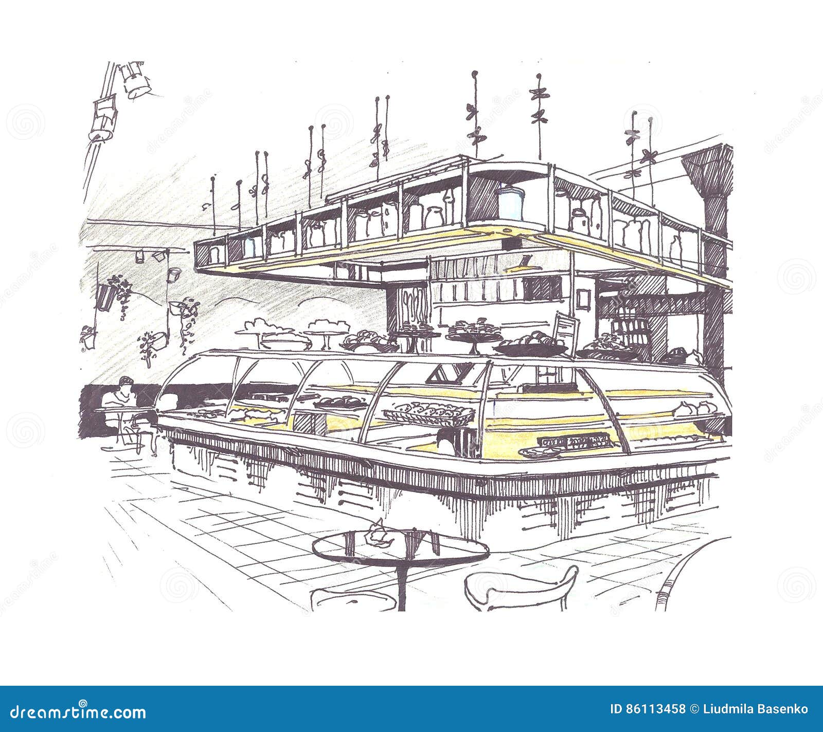 Sketch of cafe interior stock illustration. Illustration of interior ...