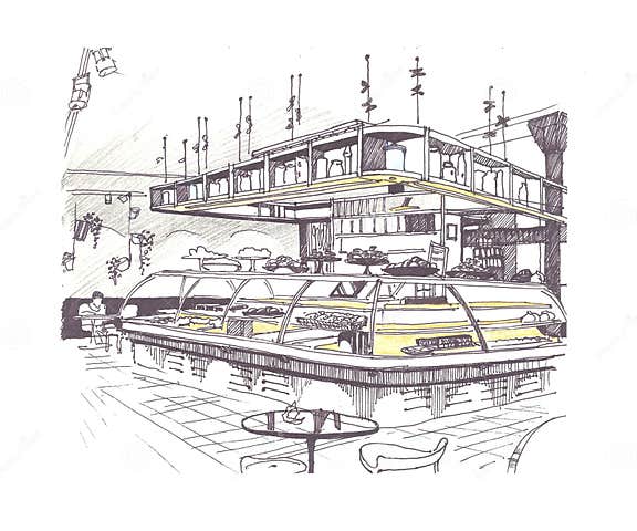 Sketch of cafe interior stock illustration. Illustration of interior ...
