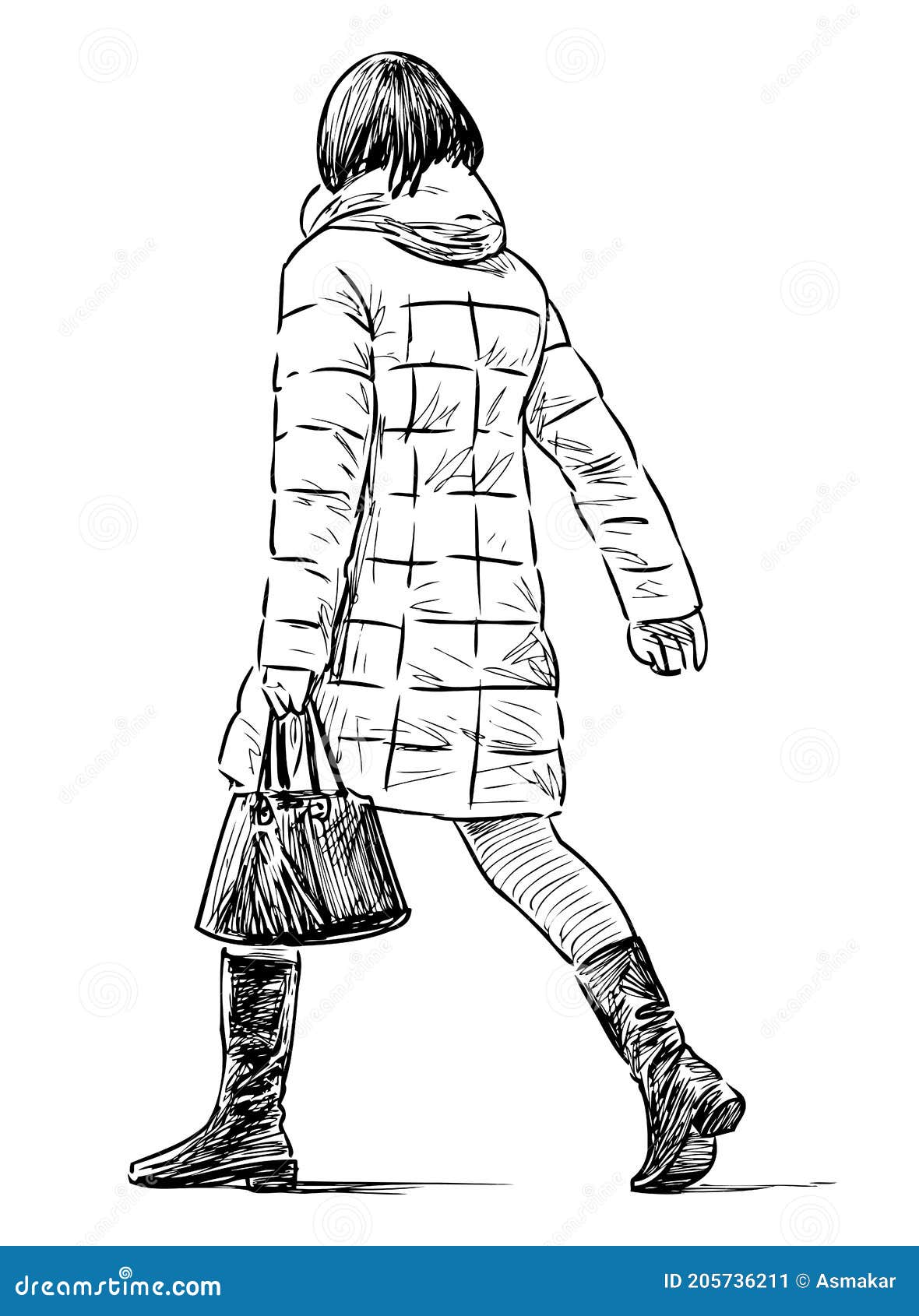 Sketch Of Casual City Woman With Handbag Striding Along Street Stock