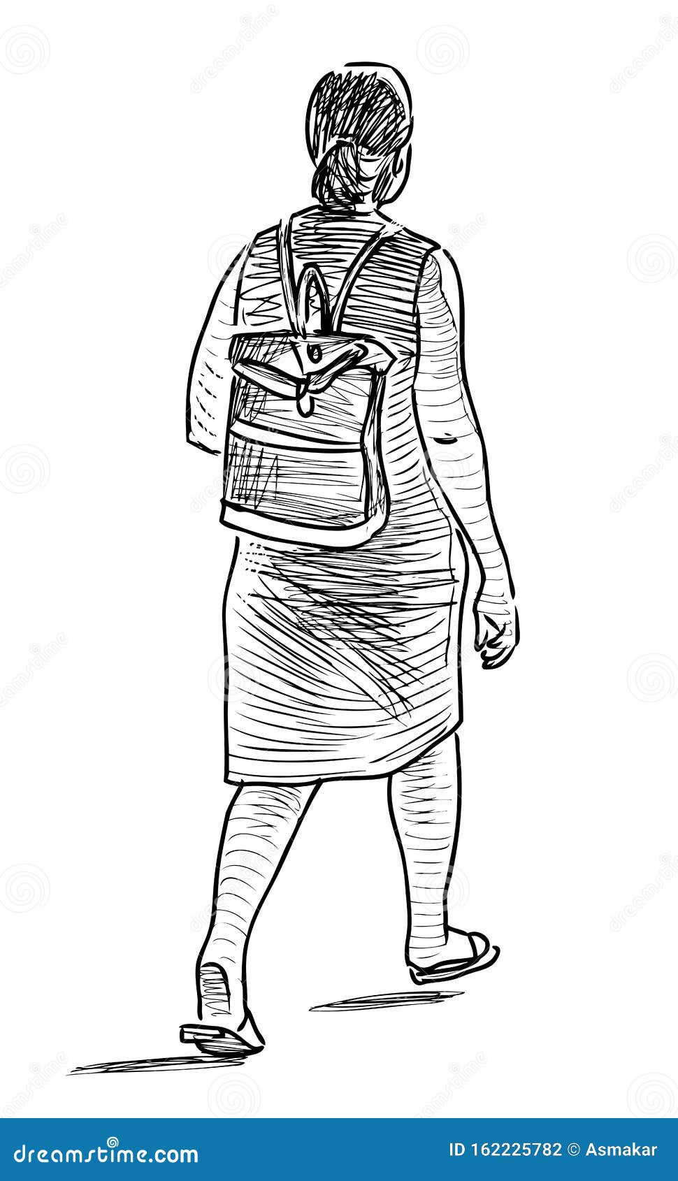 Sketch Of Casual City Woman Striding Along Street On Summer Day Stock