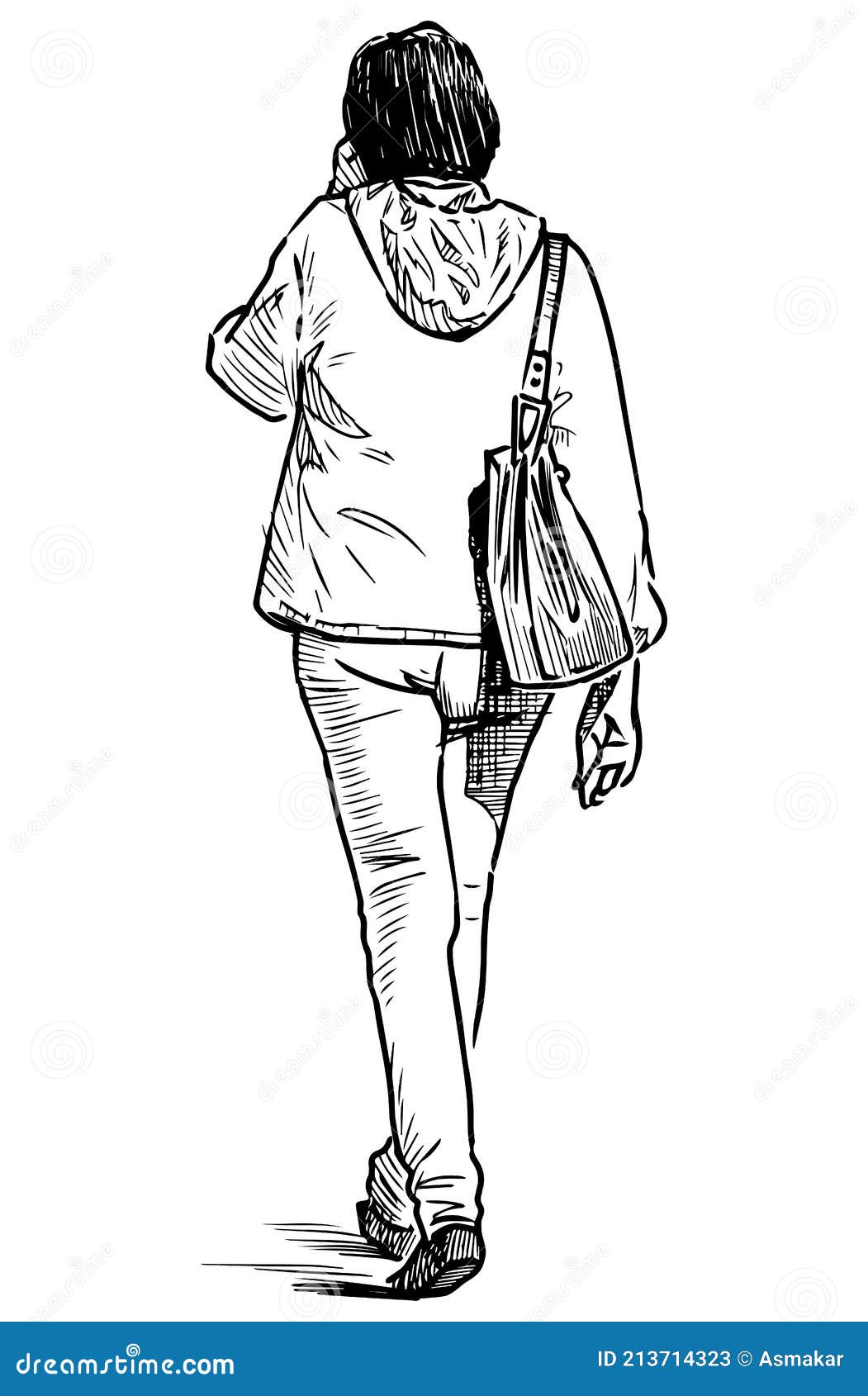 Sketch Of Casual City Woman Walking Along Street Stock Vector
