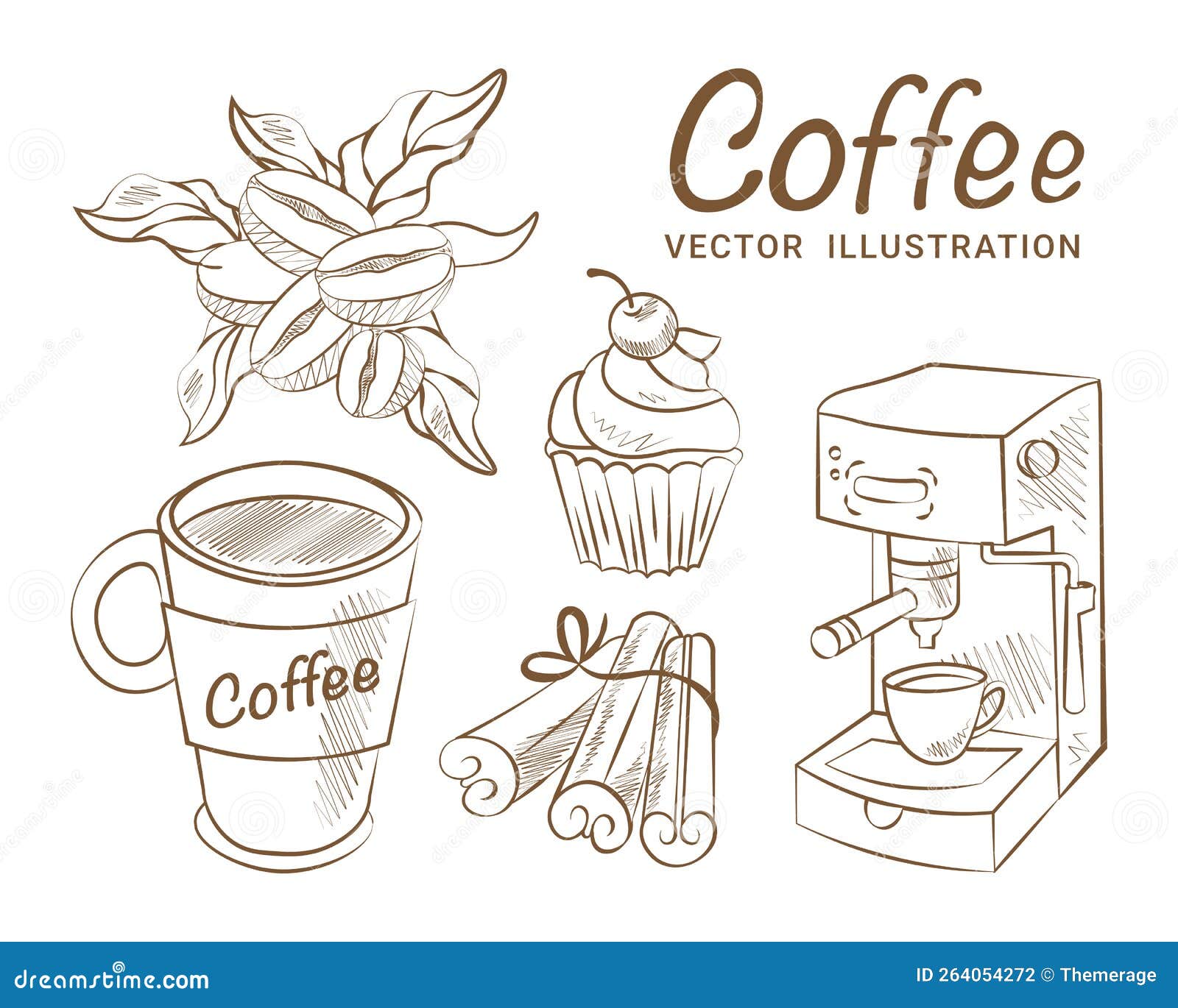 Sketch Coffee Set Hand Drawing Vector Coffee Machine Cinnamon Coffee ...