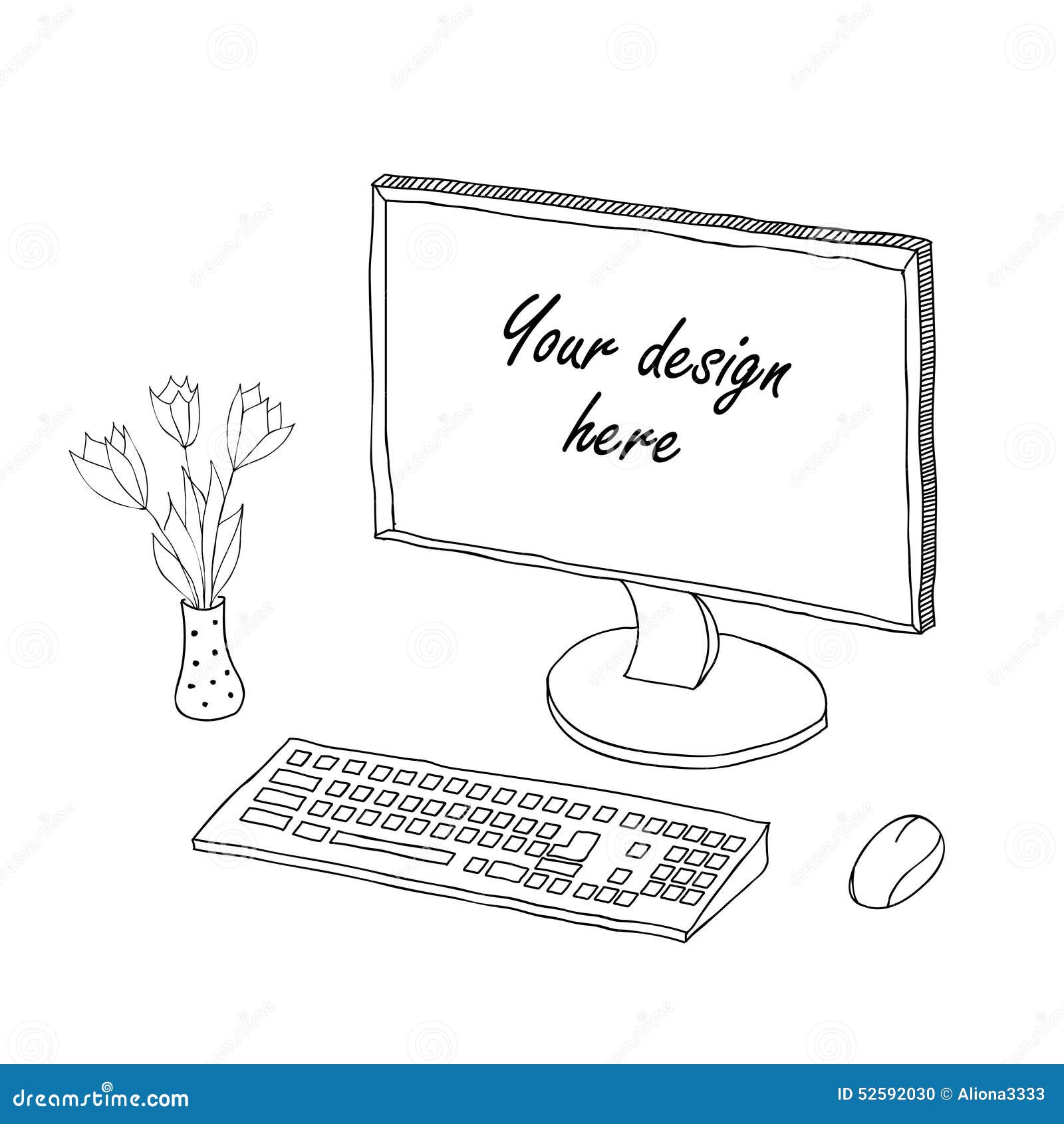 Sketch of Computer Work Space Stock Vector - Illustration of flowers ...