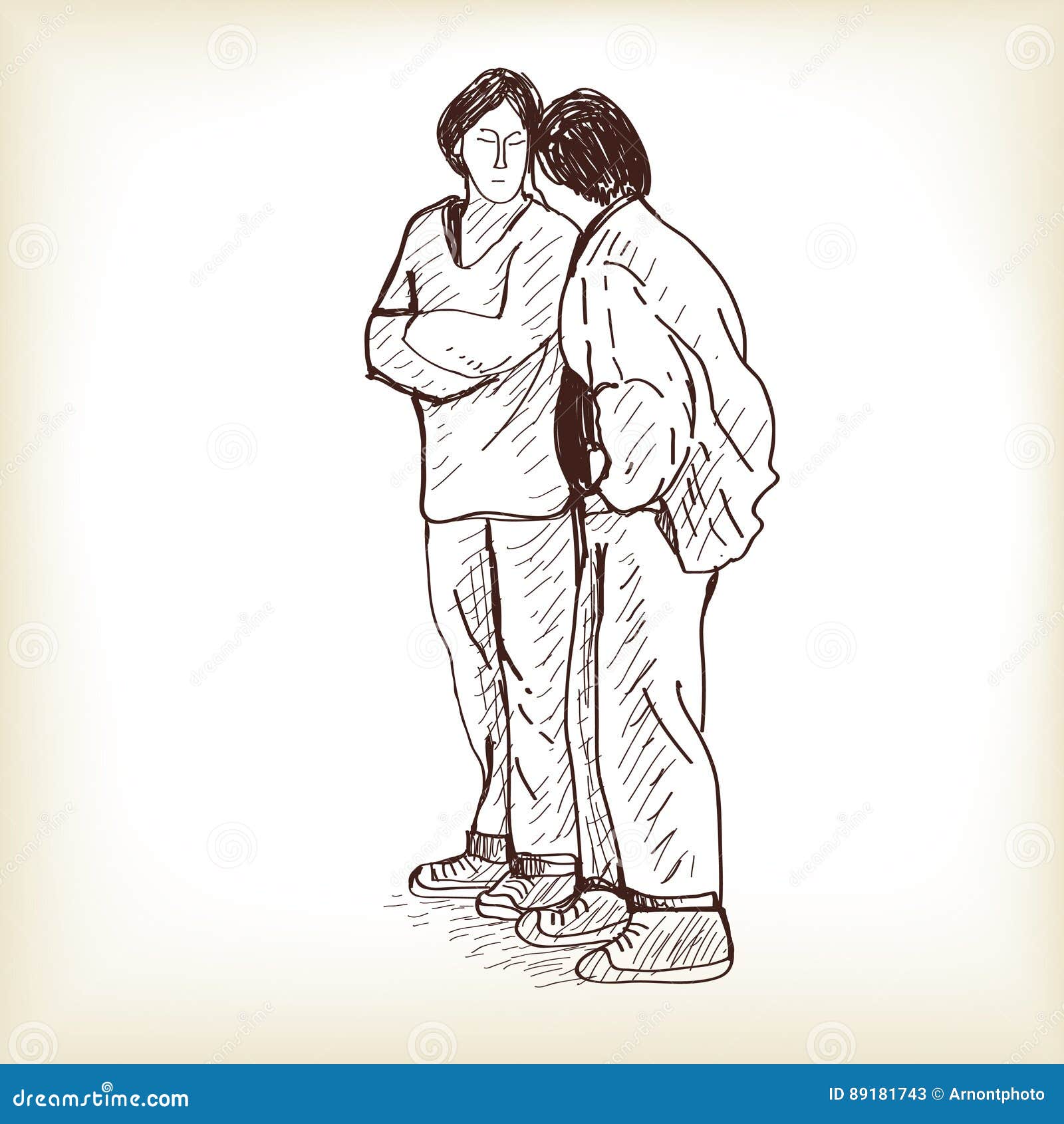 Sketch Of Couple Of Young Loving Smiling People Standing And Embracing ...