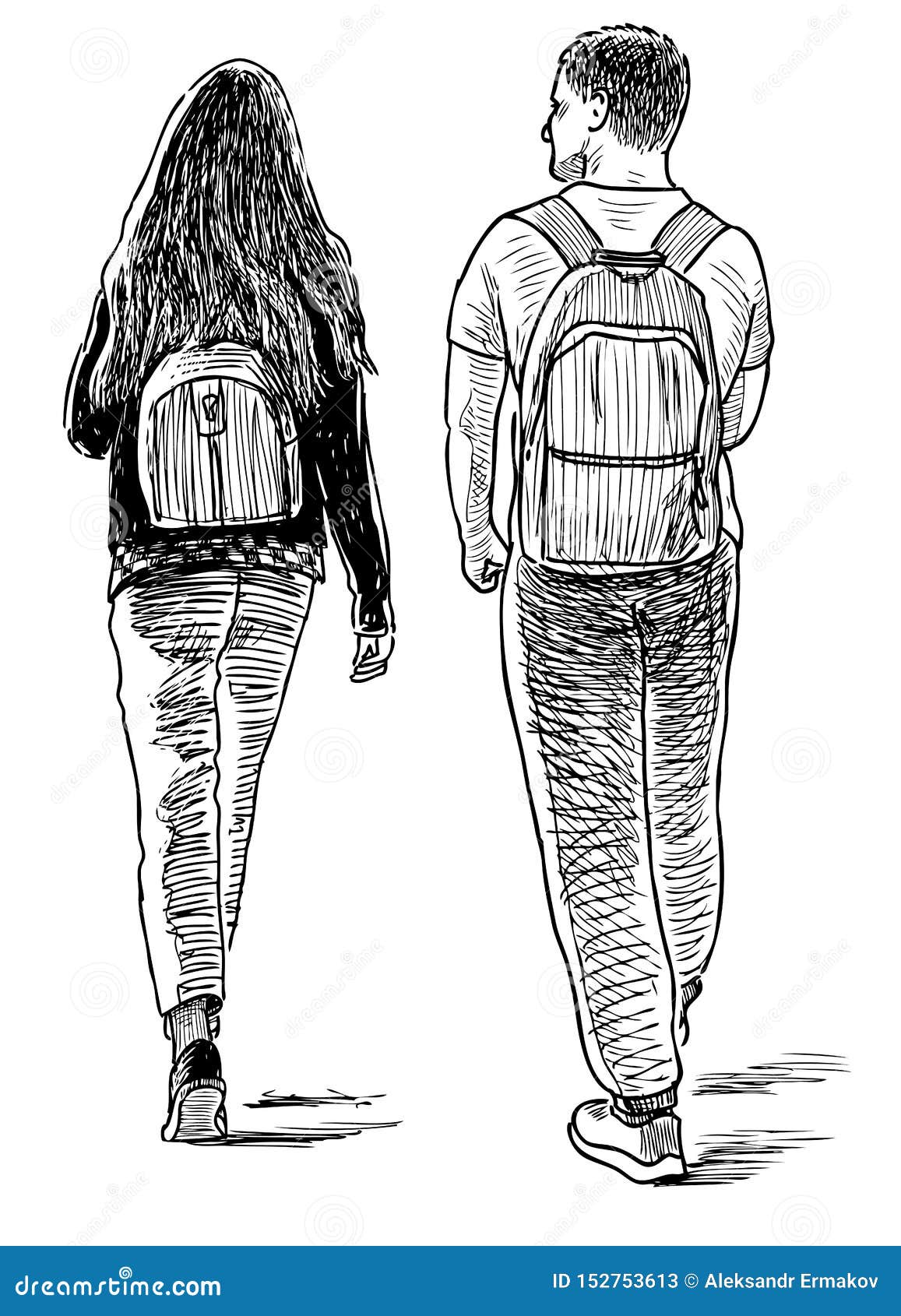 Sketch of a Couple of Students Going on a Stroll Stock Vector ...