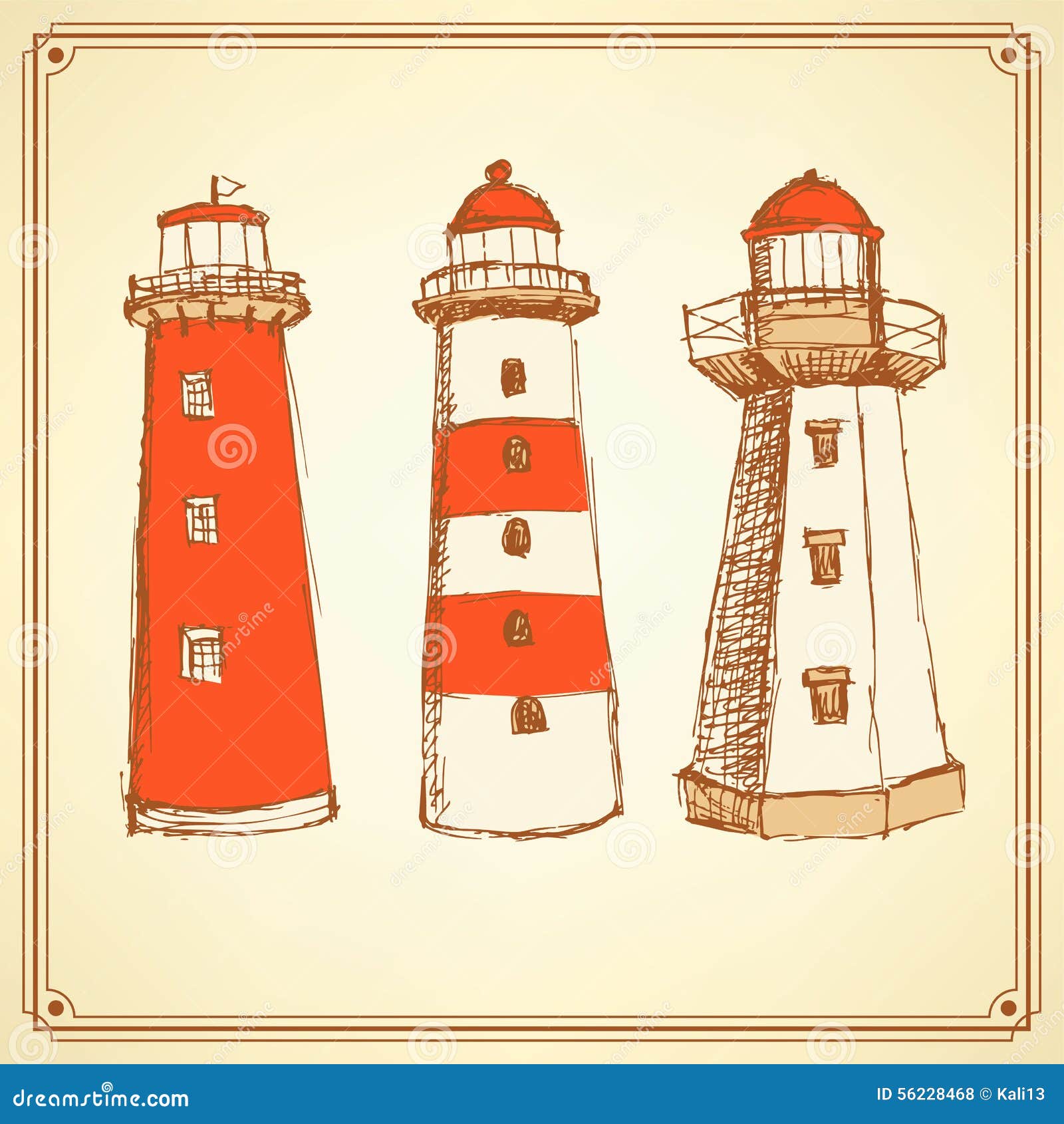 Sketch Cute Lighthouse in Vintage Style Stock Vector - Illustration of ...