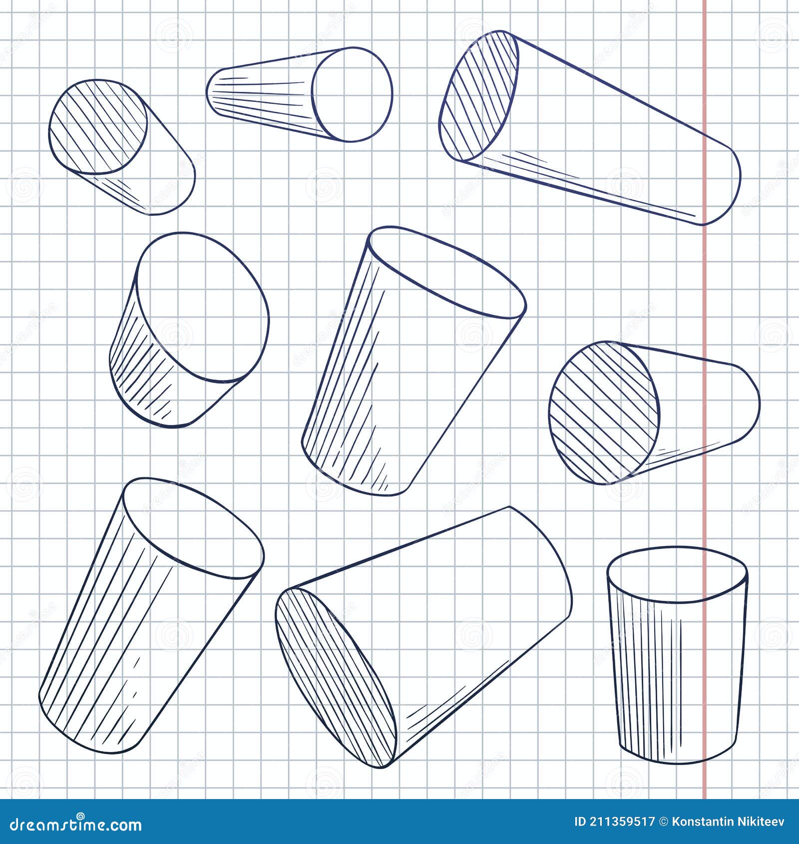 Sketch Cylinders. Penciling Outline Perspective Geometry Drawing Vector ...