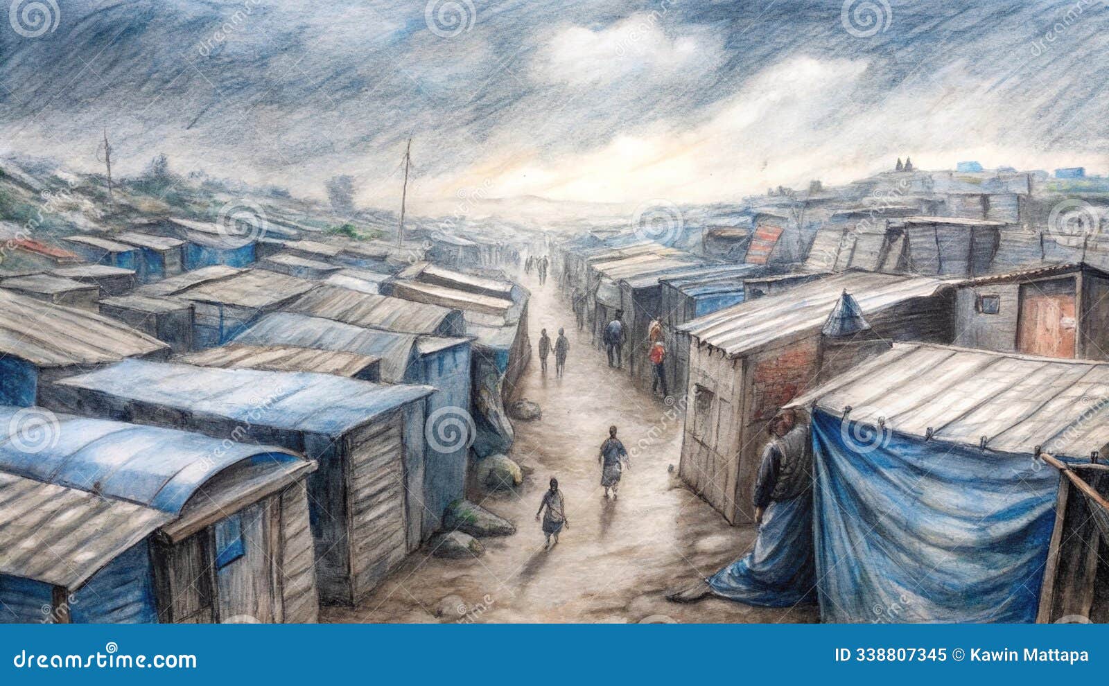 Sketch a Dense Slum Community with Makeshift Homes Stacked Closely ...