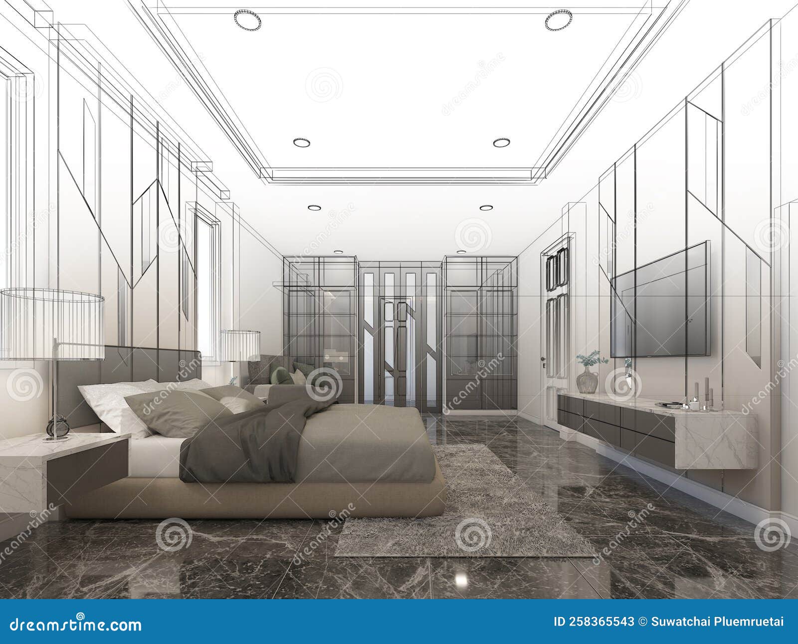 Sketch Design of Interior Attic Bedroom,3d Stock Illustration ...