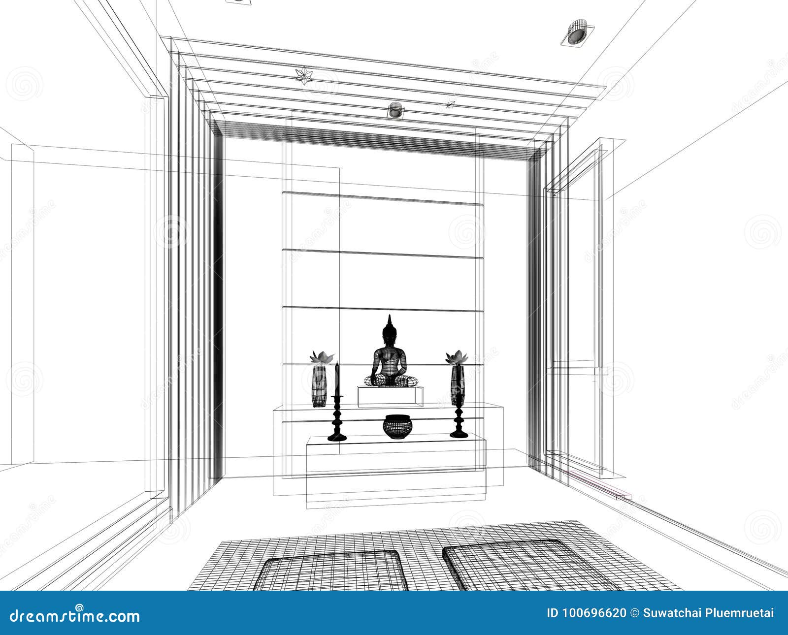 Sketch Design of Interior Buddha Room Stock Illustration - Illustration ...
