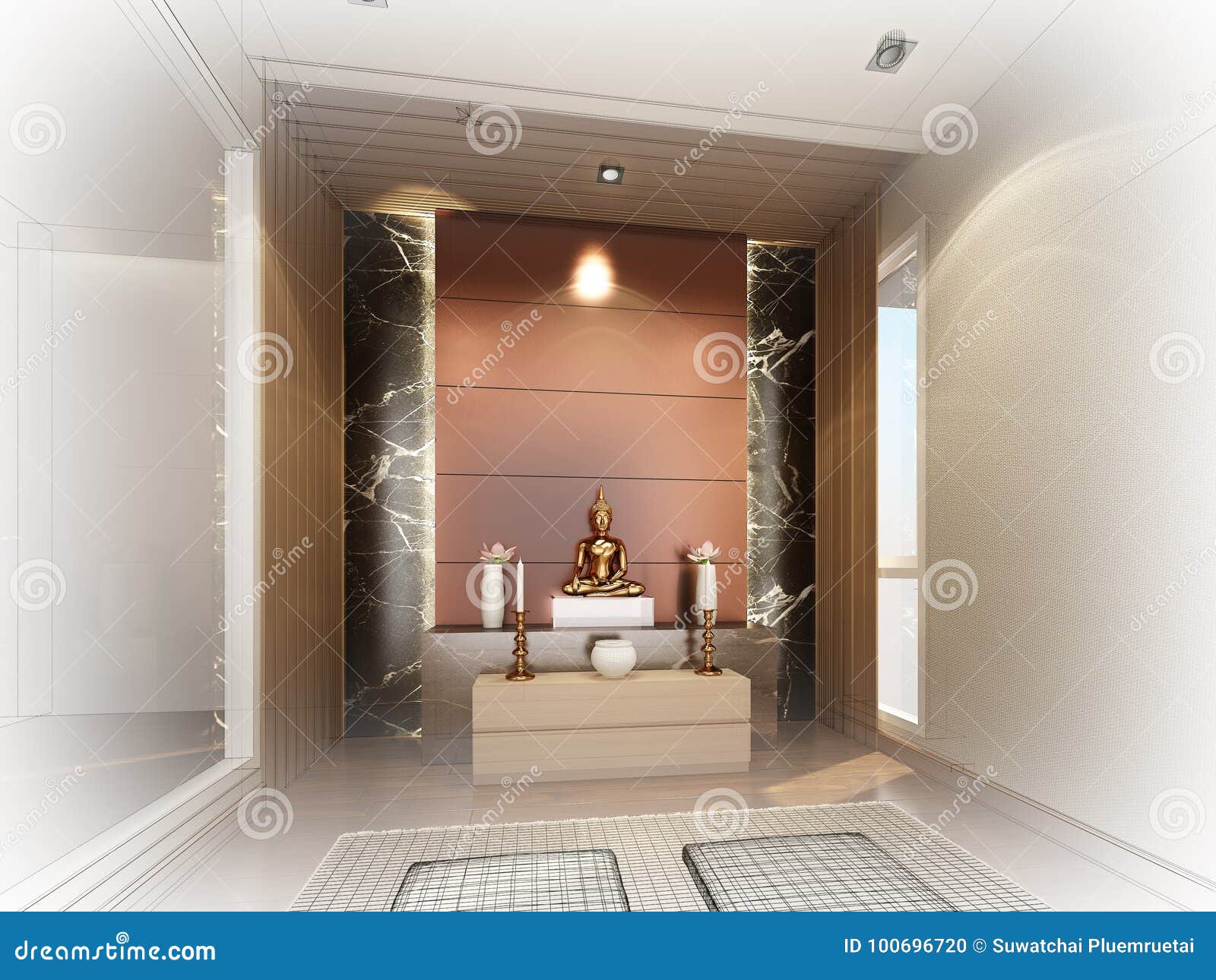 Sketch Design of Interior Buddha Room Stock Illustration - Illustration ...