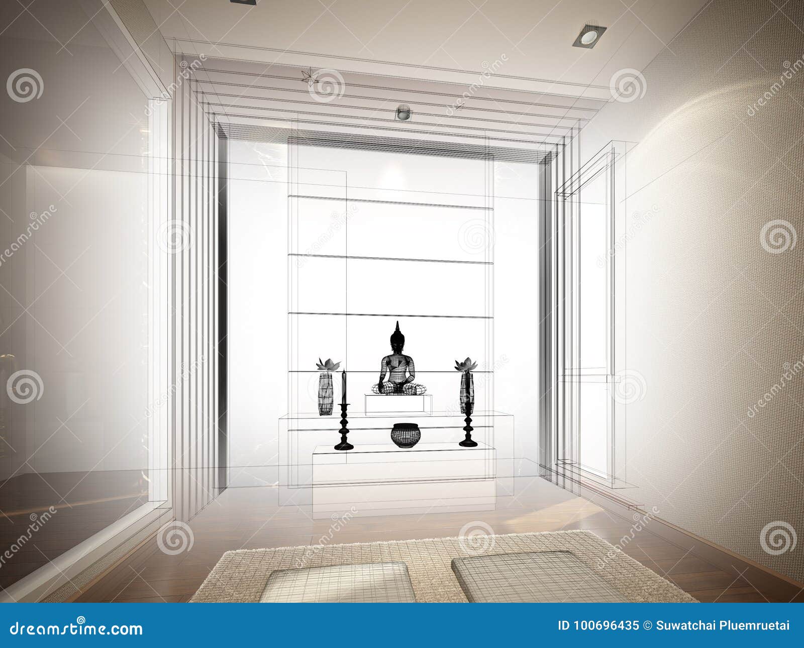 Sketch Design of Interior Buddha Room Stock Illustration - Illustration ...