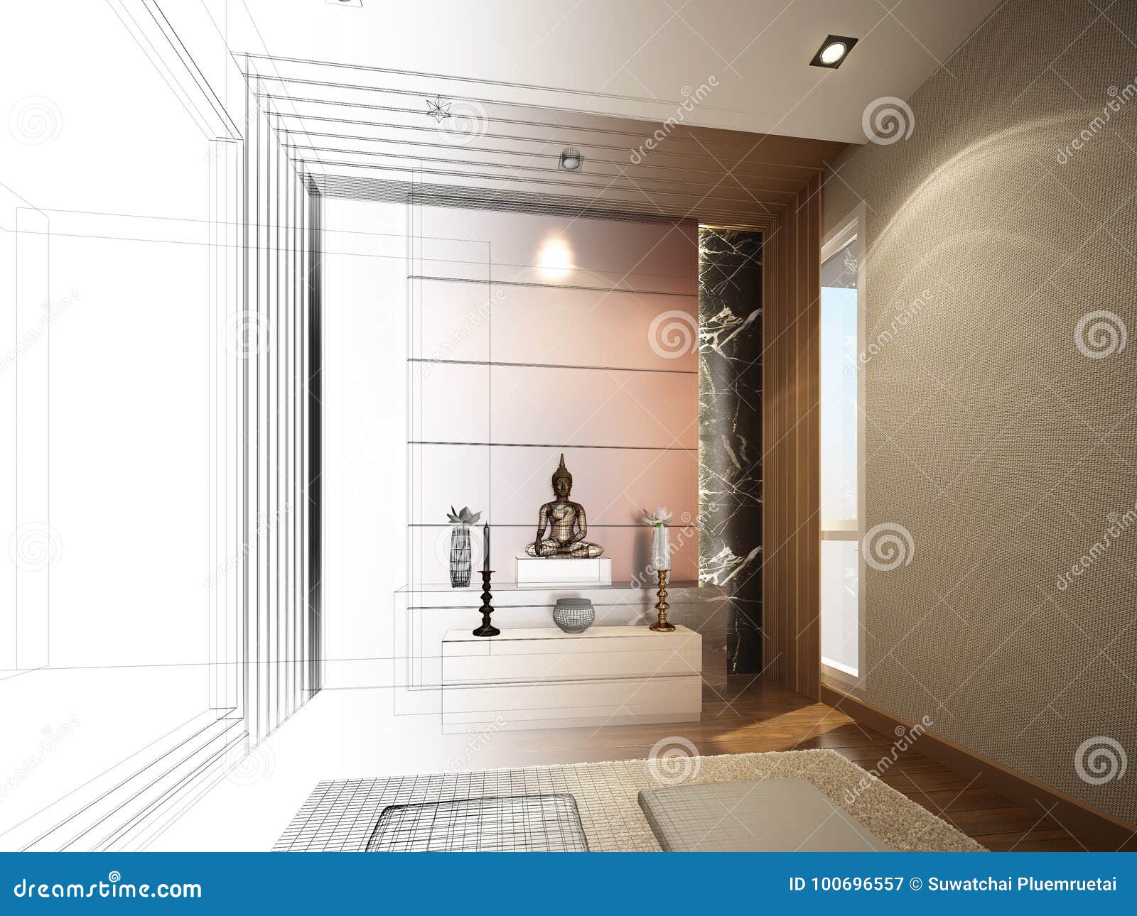 Sketch Design of Interior Buddha Room Stock Illustration - Illustration ...