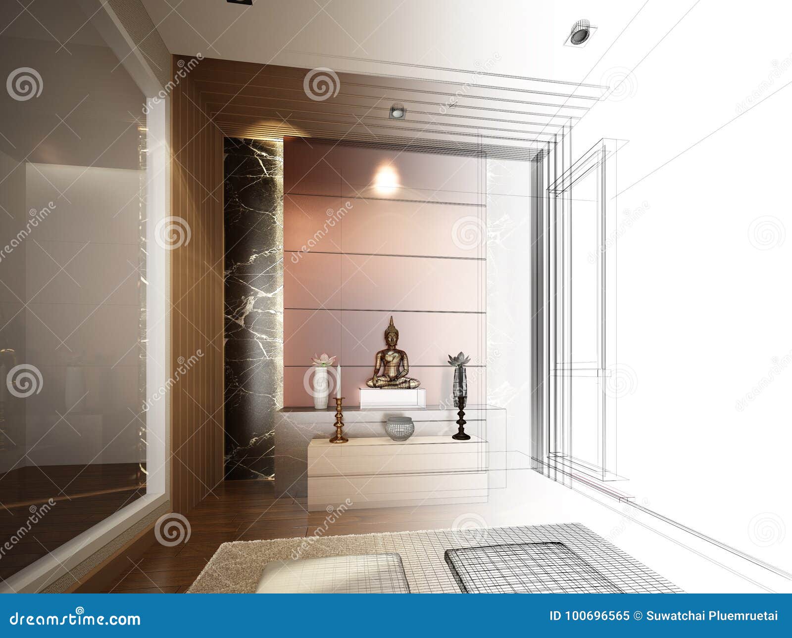 Sketch Design of Interior Buddha Room Stock Illustration - Illustration ...