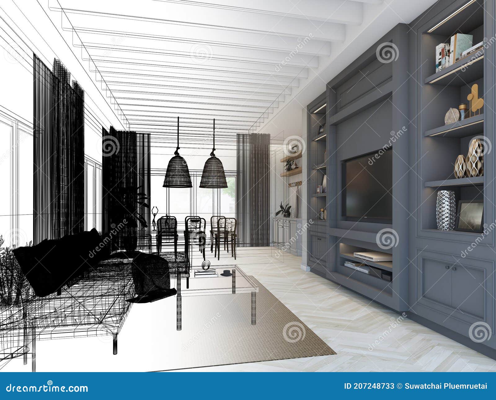 Sketch Design of Interior Living Room,3d Stock Illustration ...