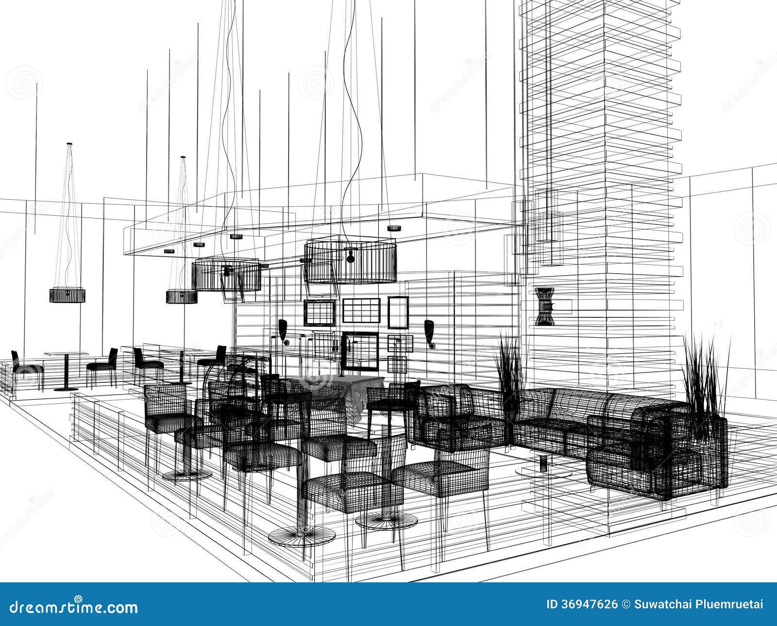 Sketch Design of Interior Restaurant Stock Illustration - Illustration ...