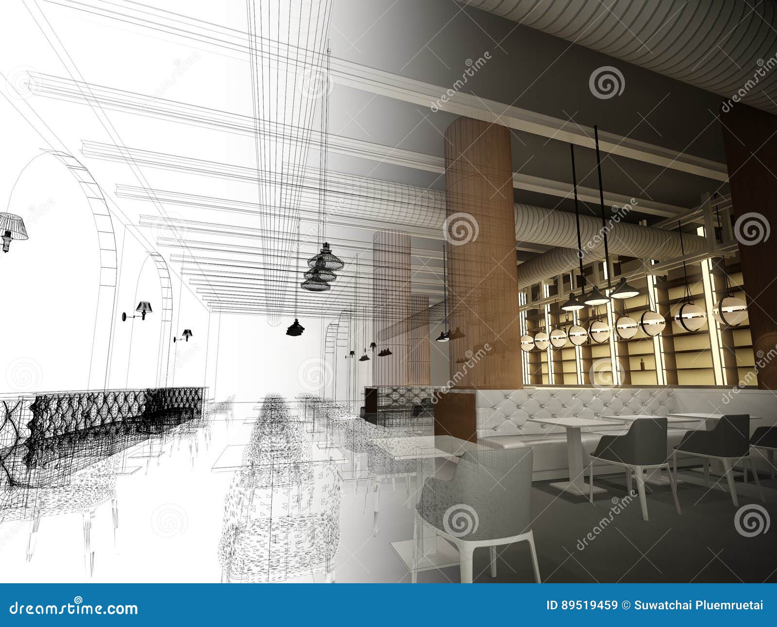 Sketch Design of Interior Restaurant Stock Illustration - Illustration ...