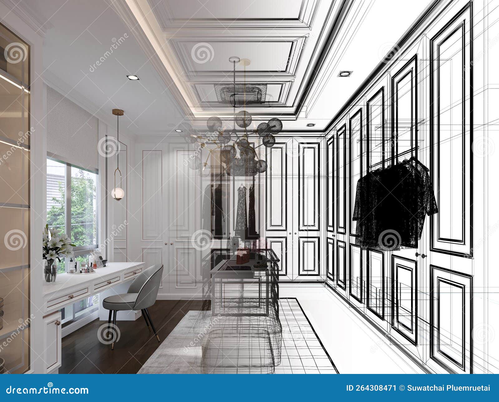 Sketch Design of Interior Walk-in Closet Room, 3d Stock Illustration ...