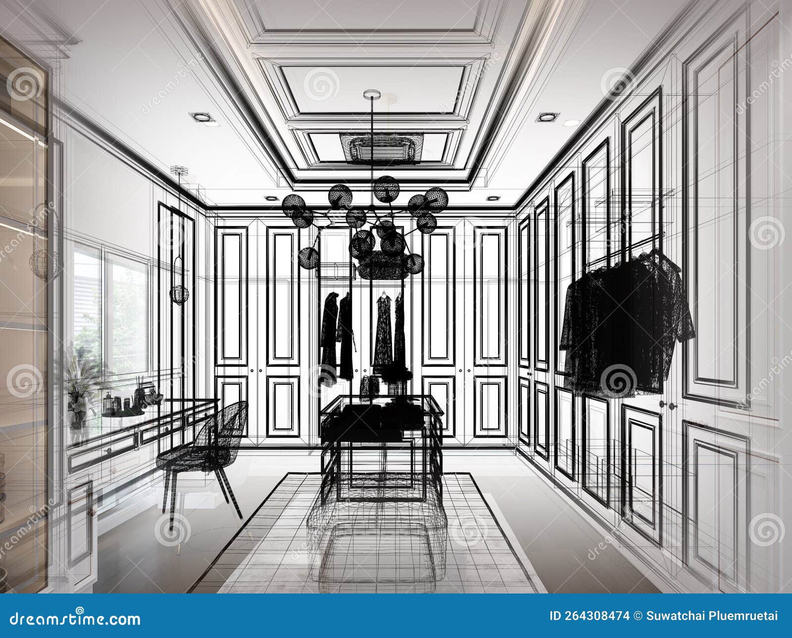 Sketch Design of Interior Walk-in Closet Room, 3d Stock Illustration ...