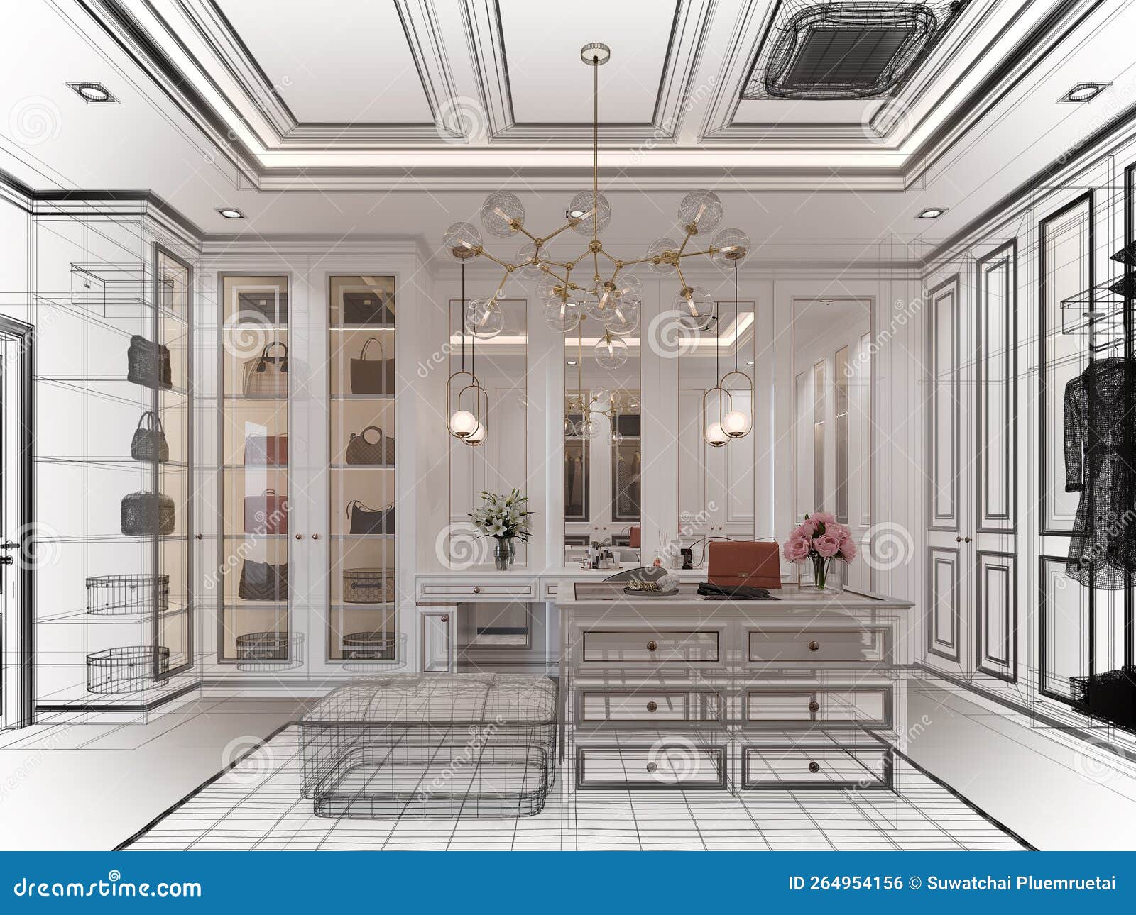 Sketch Design of Interior Walk-in Closet Room, 3d Stock Illustration ...