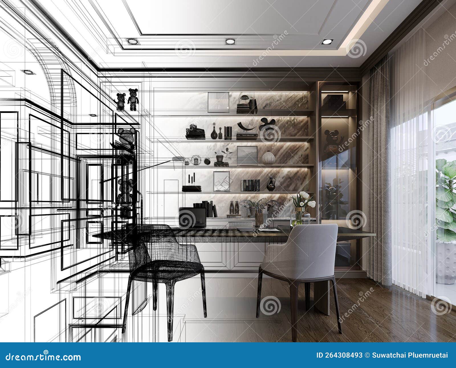 Sketch Design of Interior Working Room, 3d Stock Illustration ...