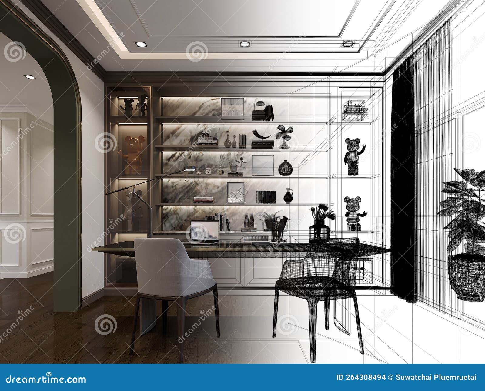 Sketch Design of Interior Working Room, 3d Stock Illustration ...