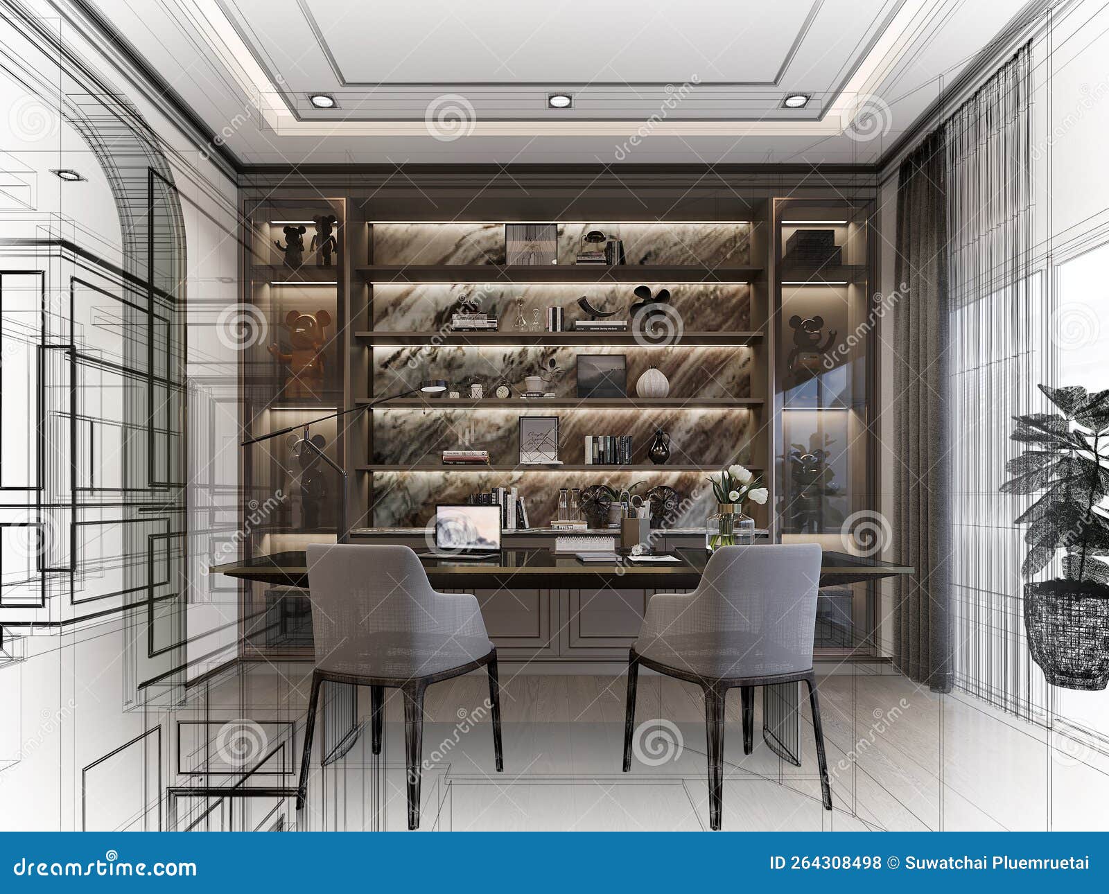 Sketch Design of Interior Working Room, 3d Stock Illustration ...