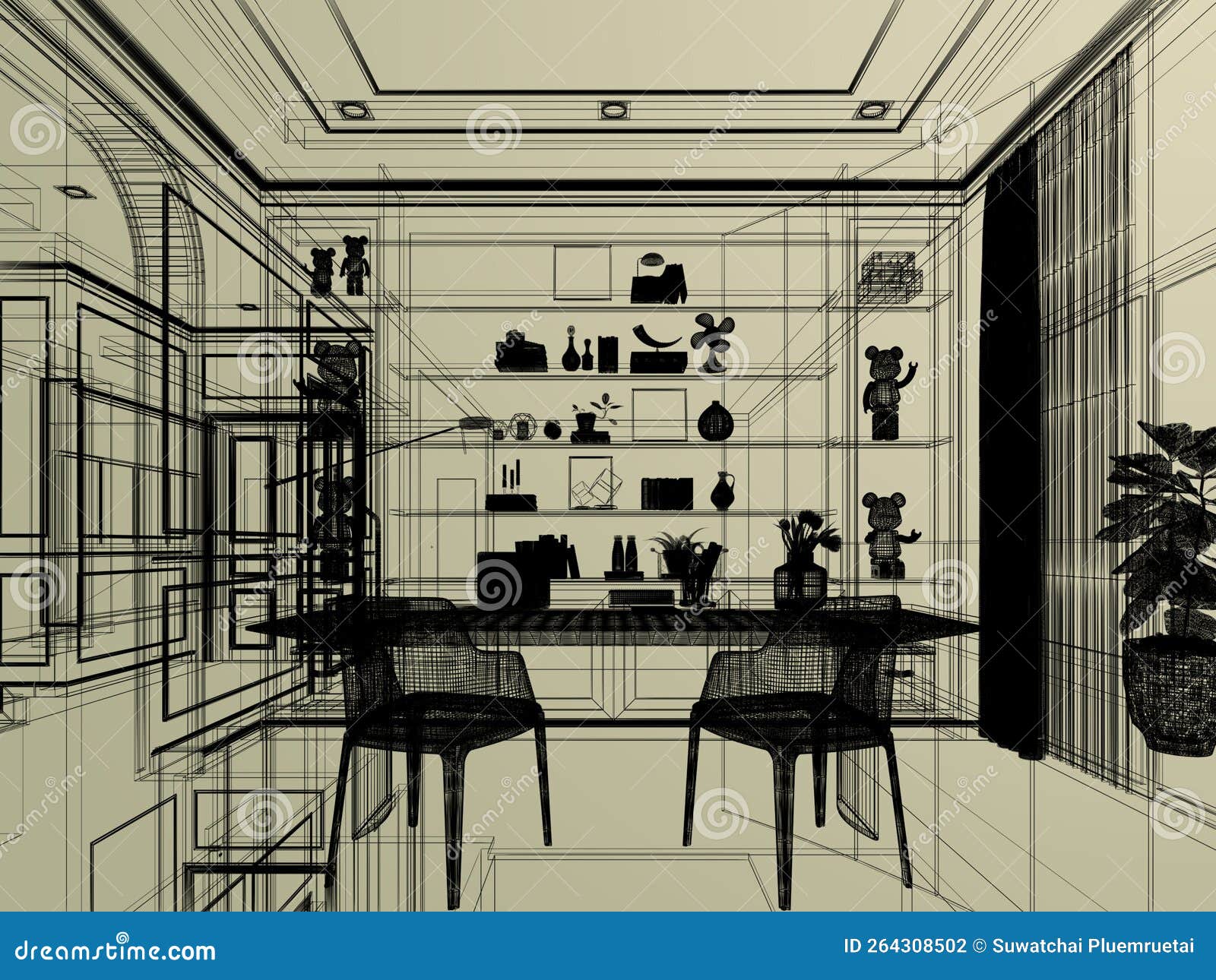 Sketch Design of Interior Working Room, 3d Stock Illustration ...