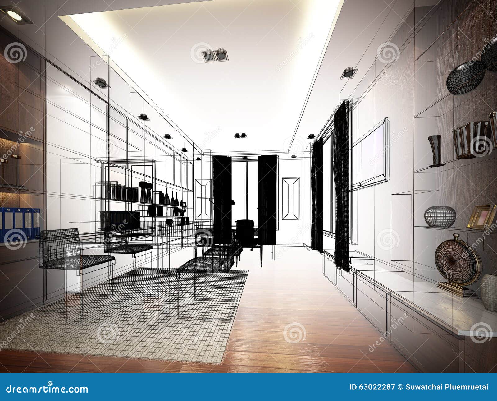 Sketch Design of Interior Working Room, Wire Frame Stock Illustration ...