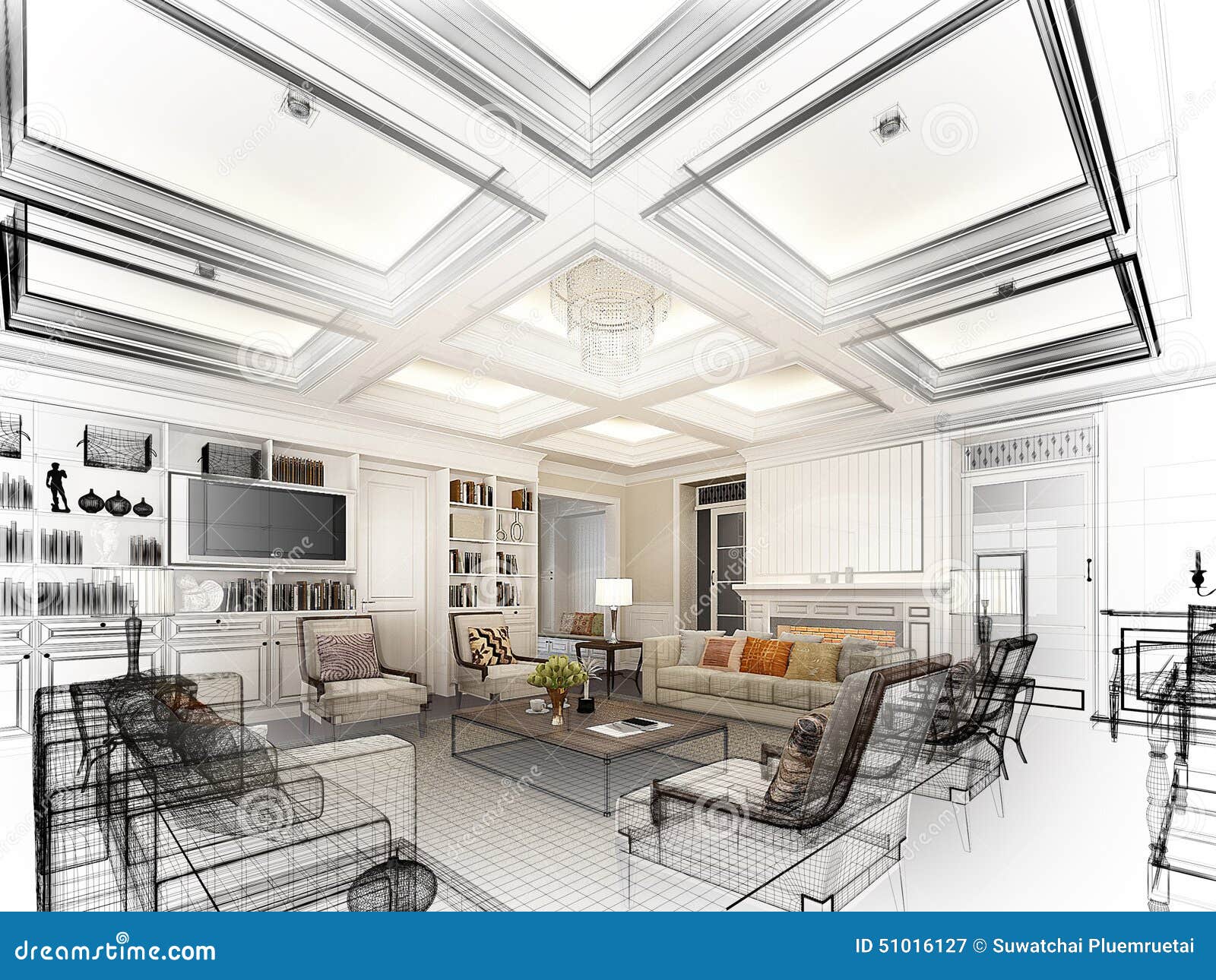 Sketch Design of Living ,3dwire Frame Render Stock Illustration ...