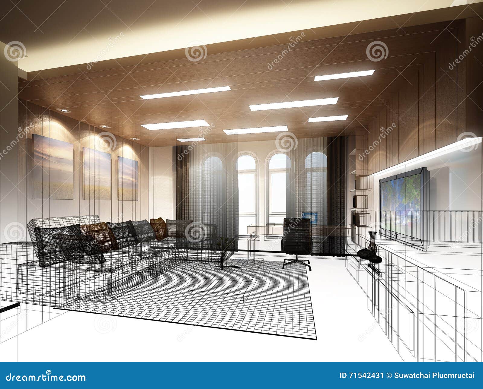 Sketch Design of Living Room ,3dwire Frame Stock Illustration ...