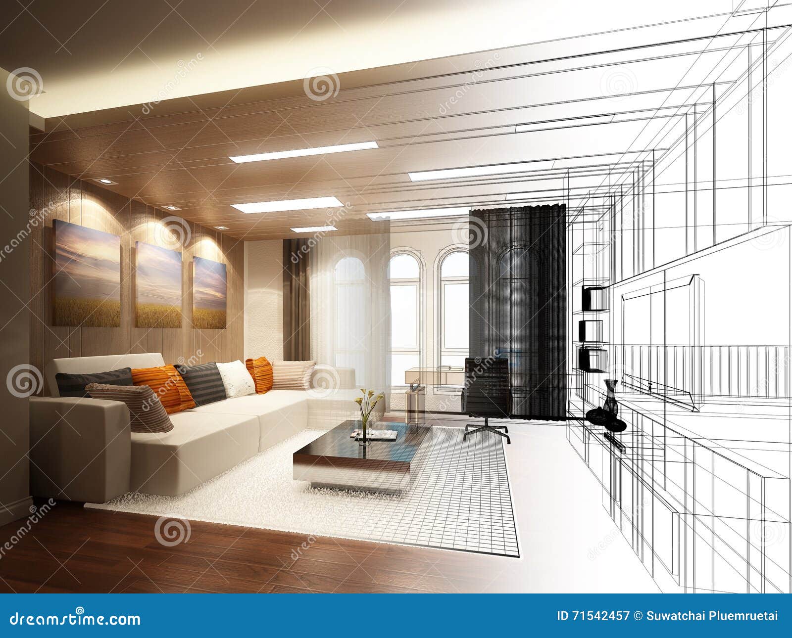 Sketch Design of Living Room ,3dwire Frame Stock Illustration ...