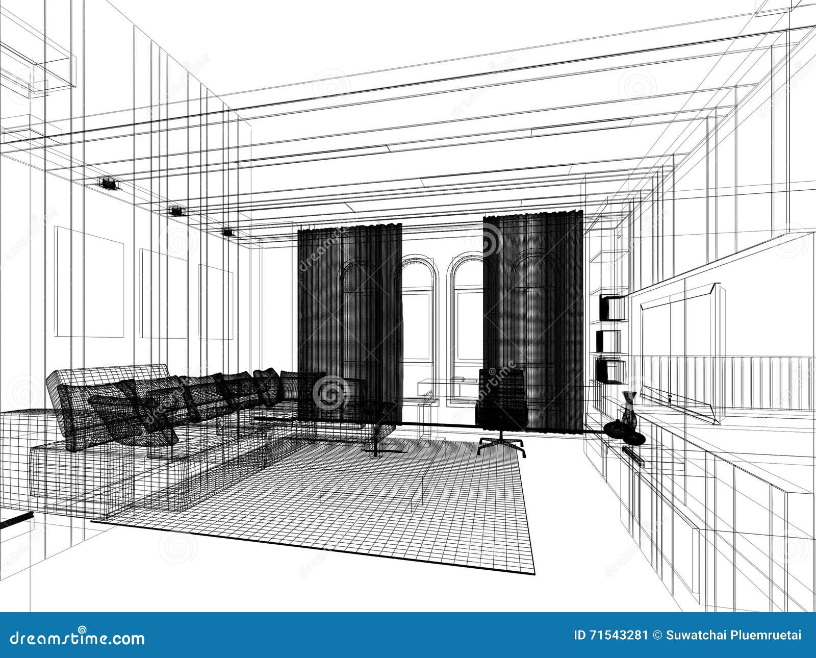 Sketch Design of Living Room ,3dwire Frame Stock Illustration ...