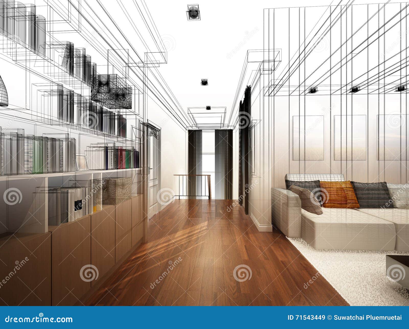 Sketch Design of Living Room ,3dwire Frame Stock Illustration ...