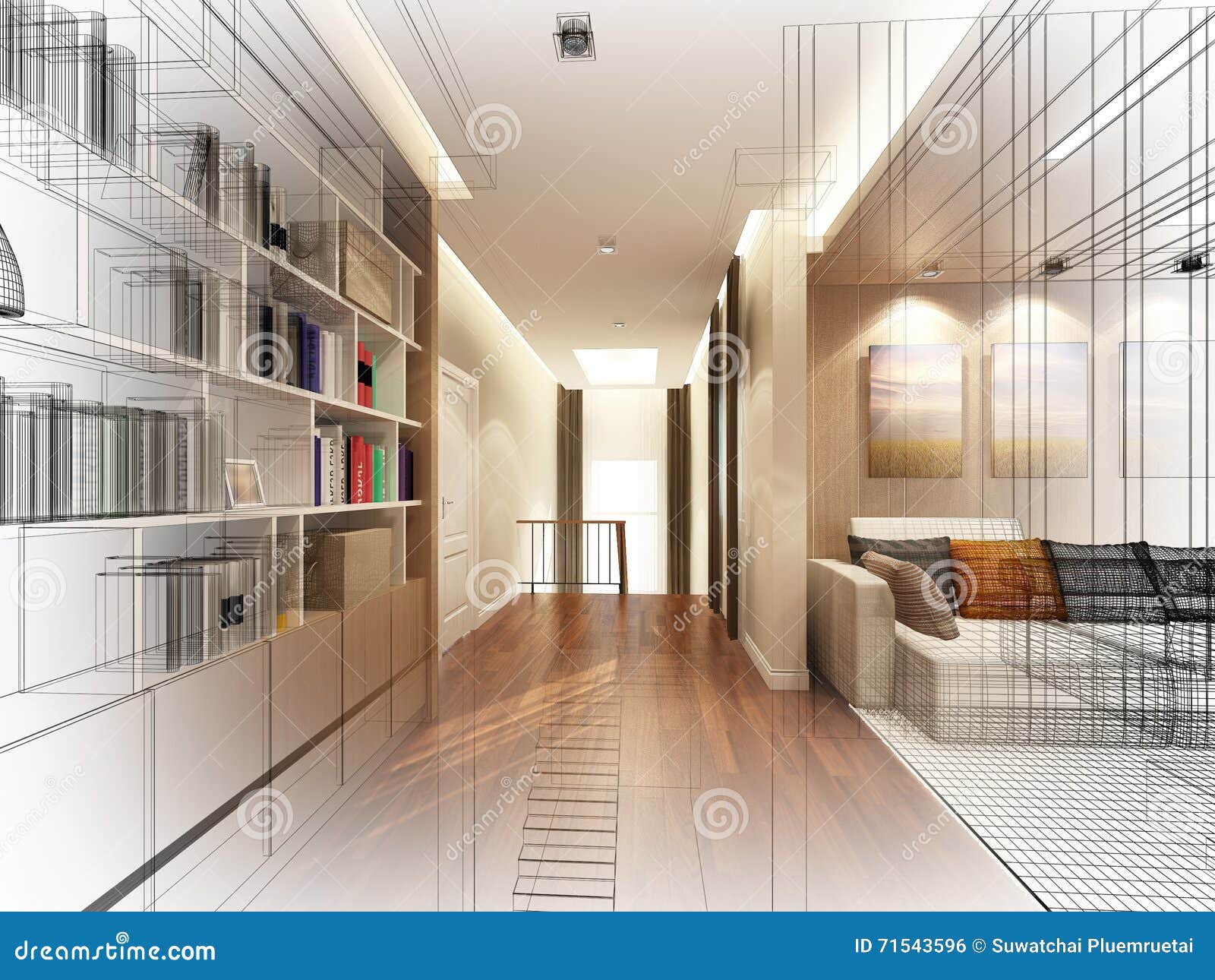 Sketch Design of Living Room ,3dwire Frame Stock Illustration ...