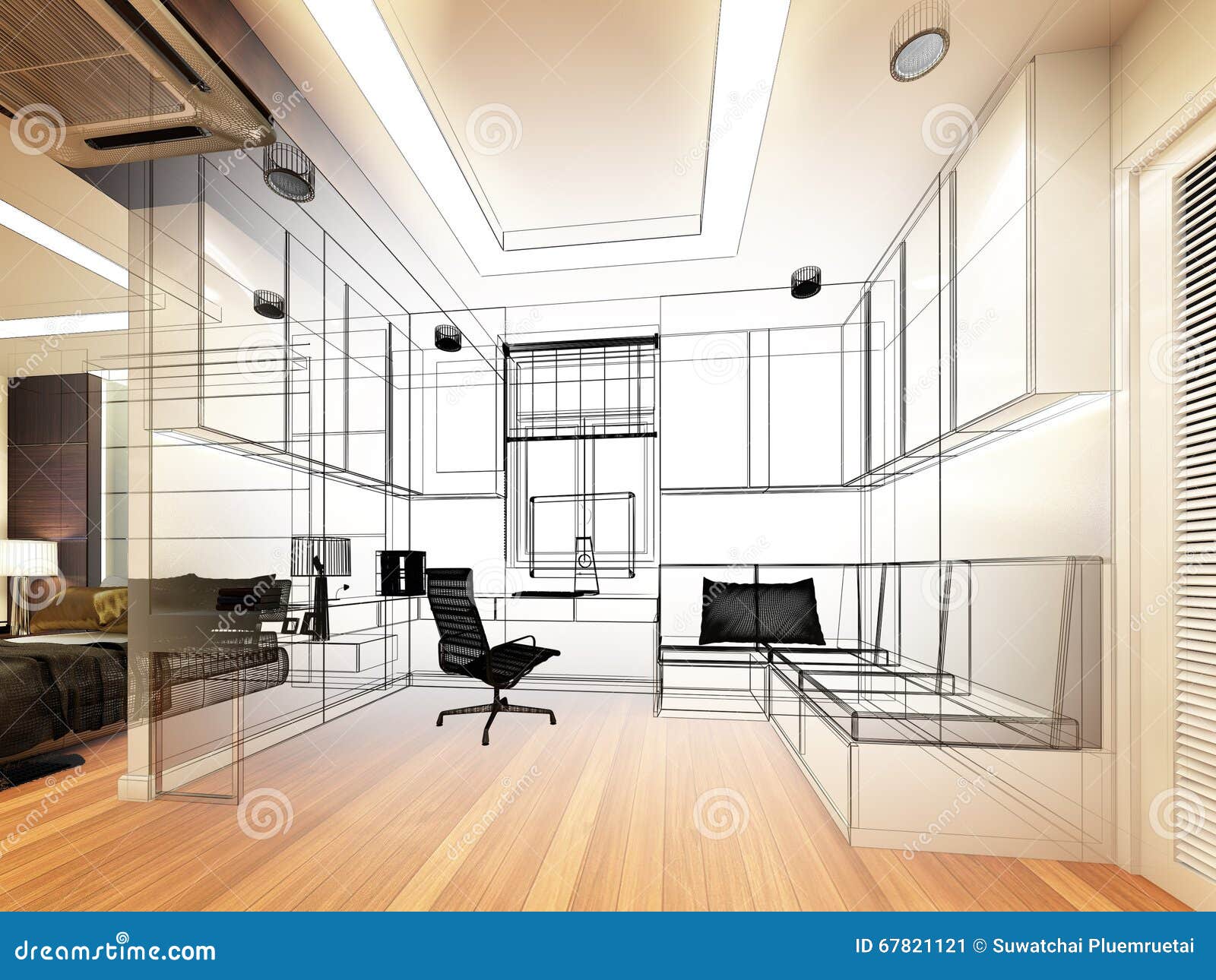 Sketch Design of Study Room Stock Illustration - Illustration of chair ...