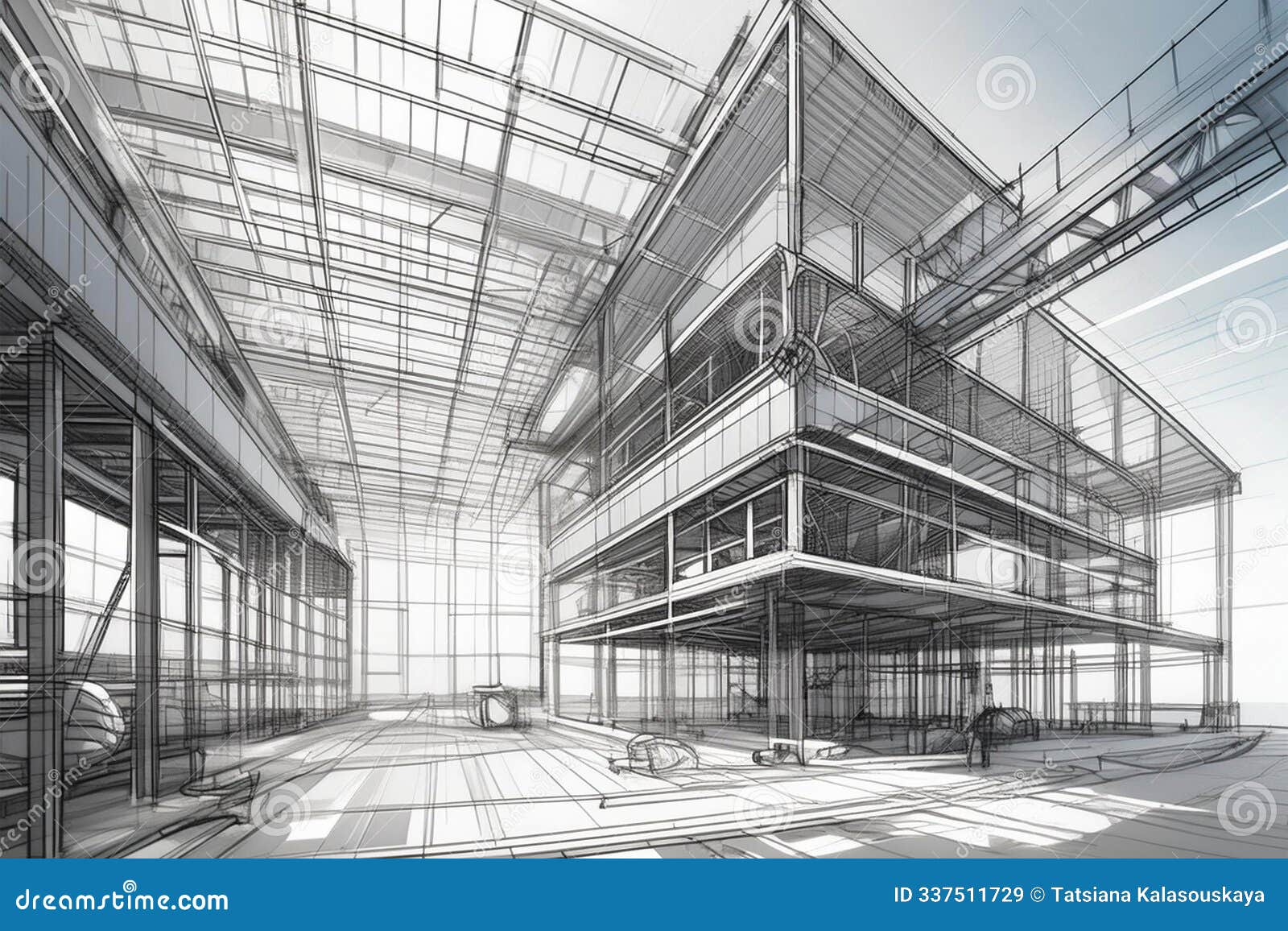 Sketch Design of Wireframe of Building. Digital Project Visualization ...