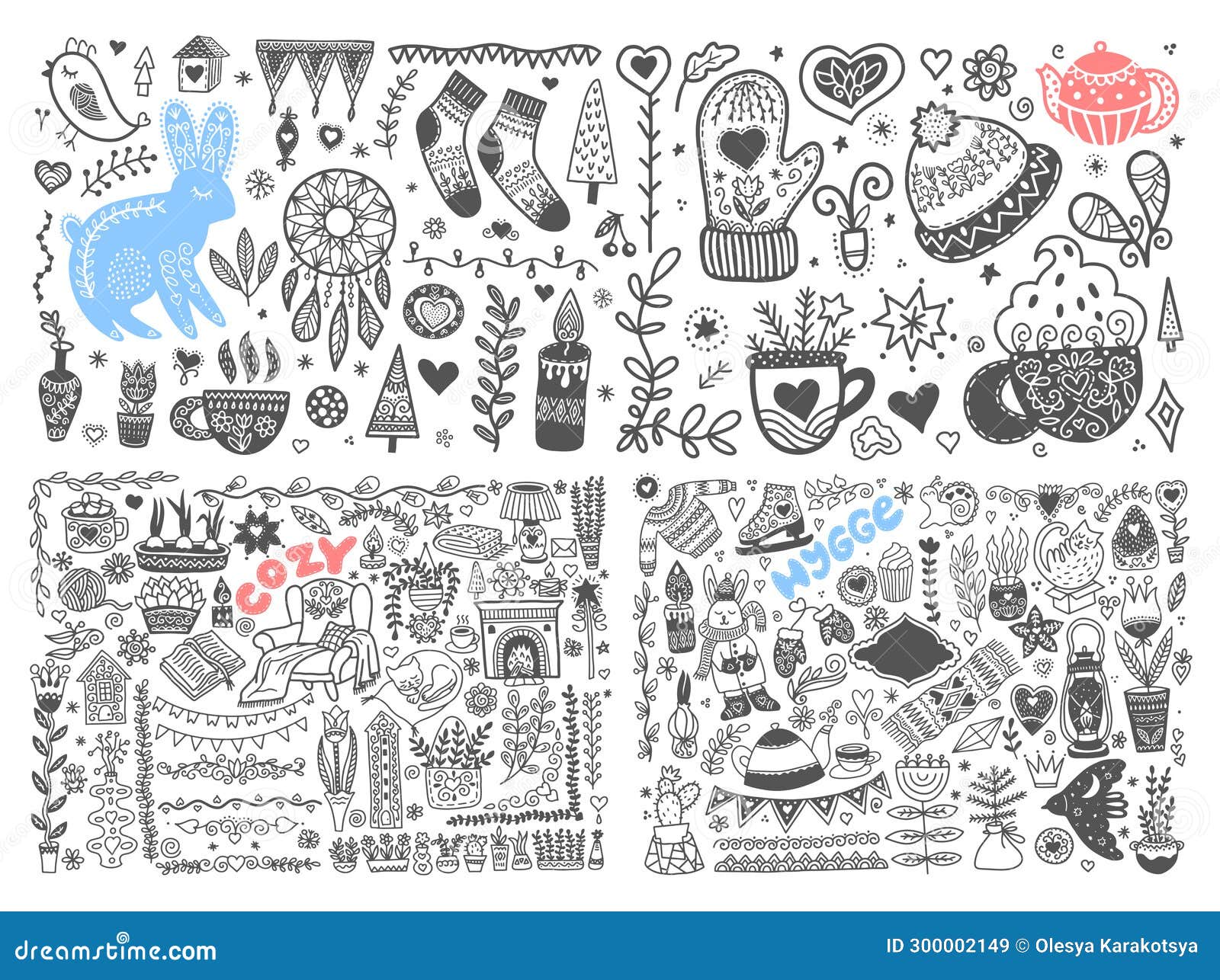 Sketch Drawing Cozy Hygge Scandinavian Set, Doodle Vector Collection ...