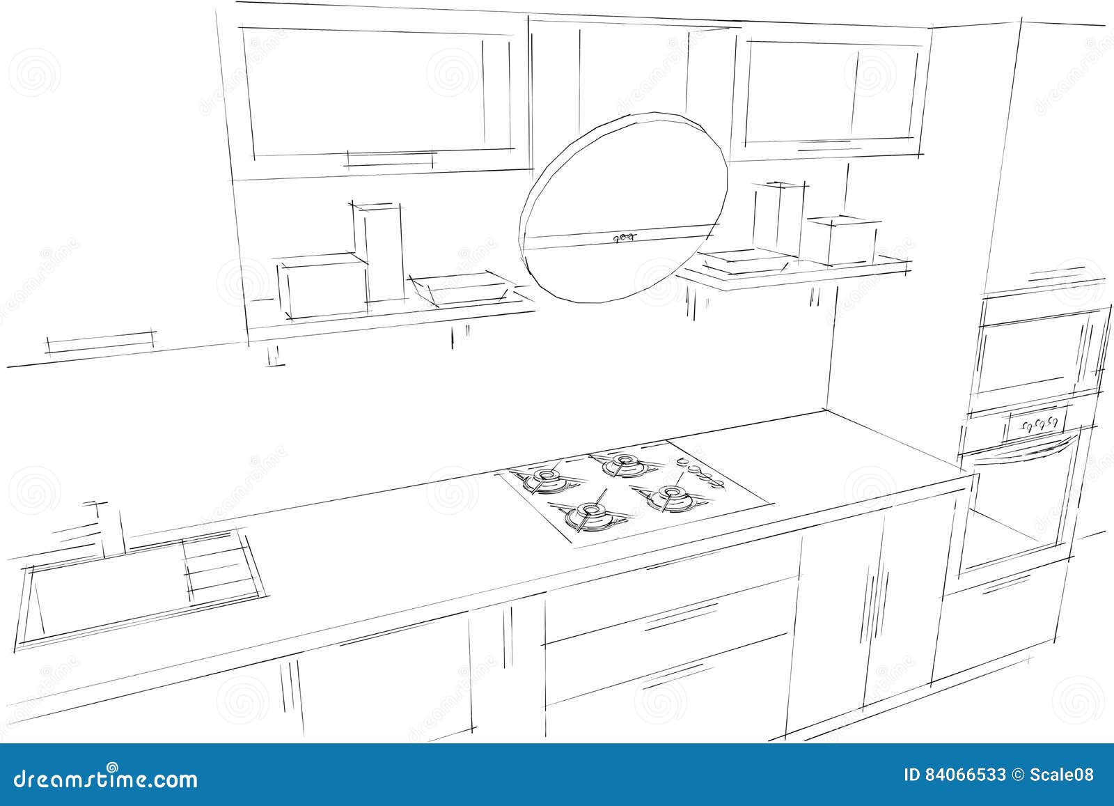 Sketch Drawing of 3d Modern Kitchen Interior with Round Hood Stock ...