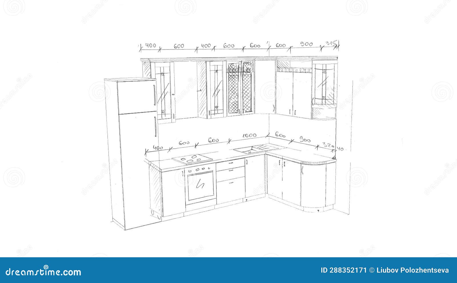 Sketch, Drawing of Furniture for the Kitchen with Dimensions Stock ...