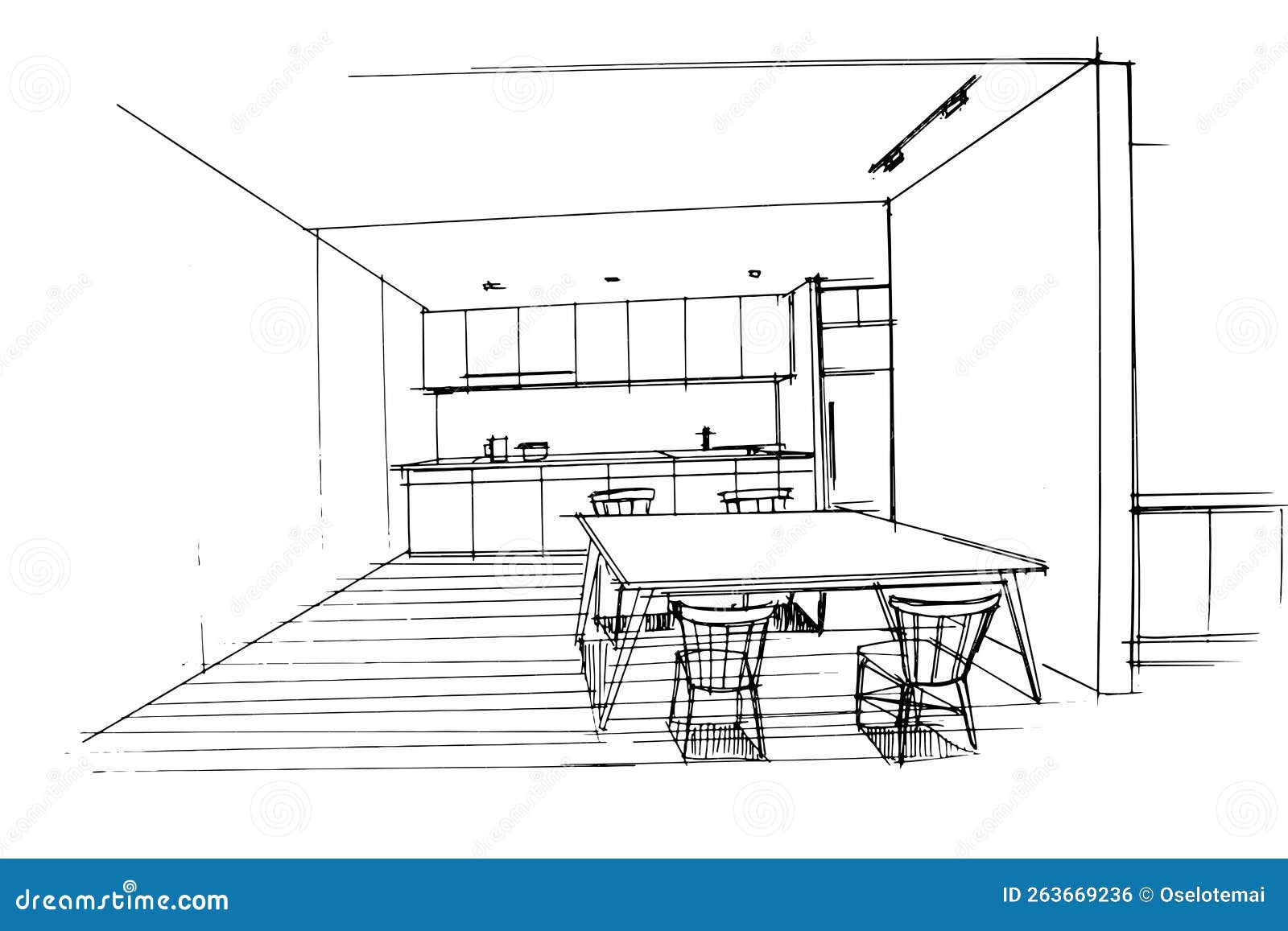 Sketch Drawing Hall and Kitchen Counter,dining Table and Chair,modern ...
