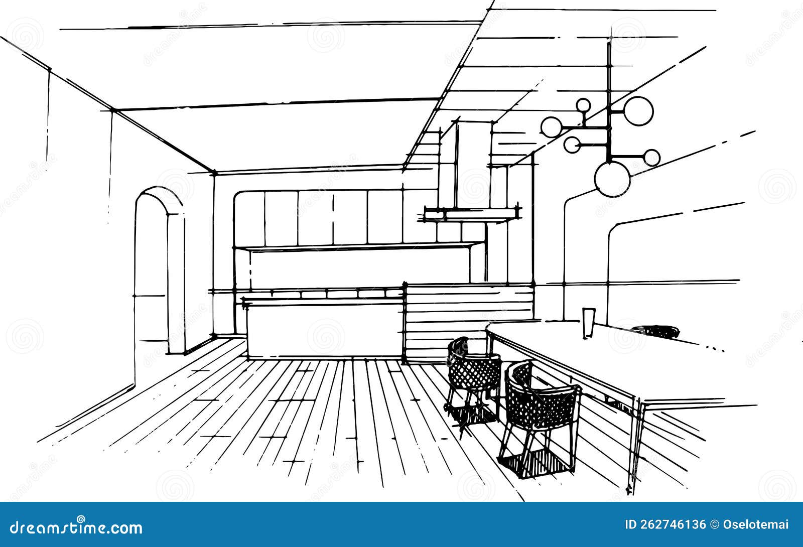 Sketch Drawing Hall and Kitchen Counter,modern Design,vector,2d ...