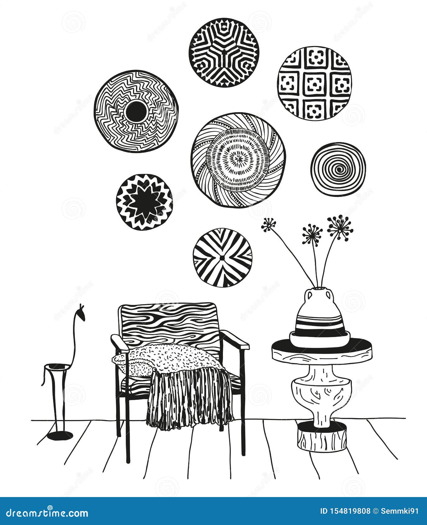 Sketch Drawing Interior Room Hand Sketch with Contour Lines. Vector ...