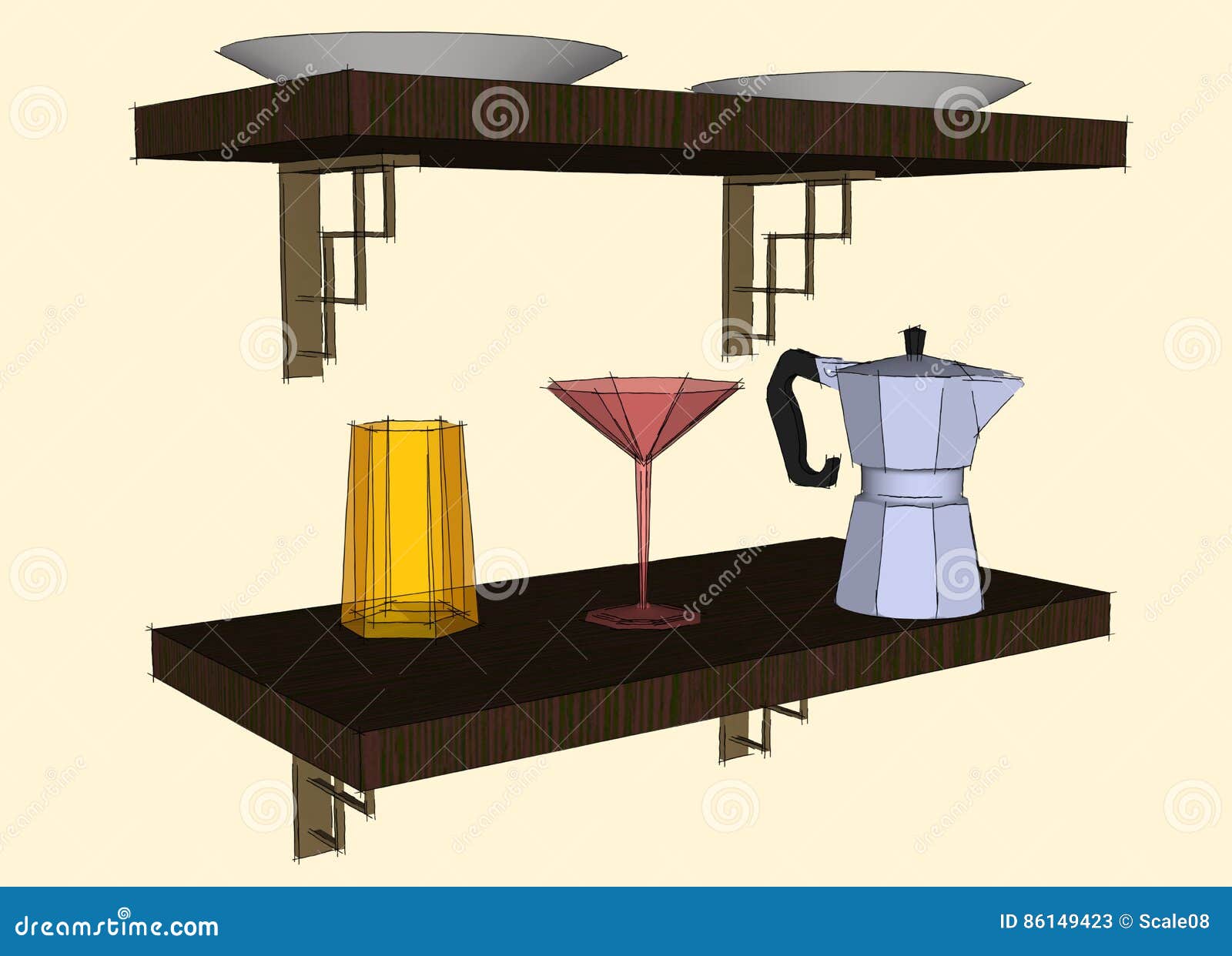Sketch Drawing of Kitchenware on Shelf Stock Illustration ...