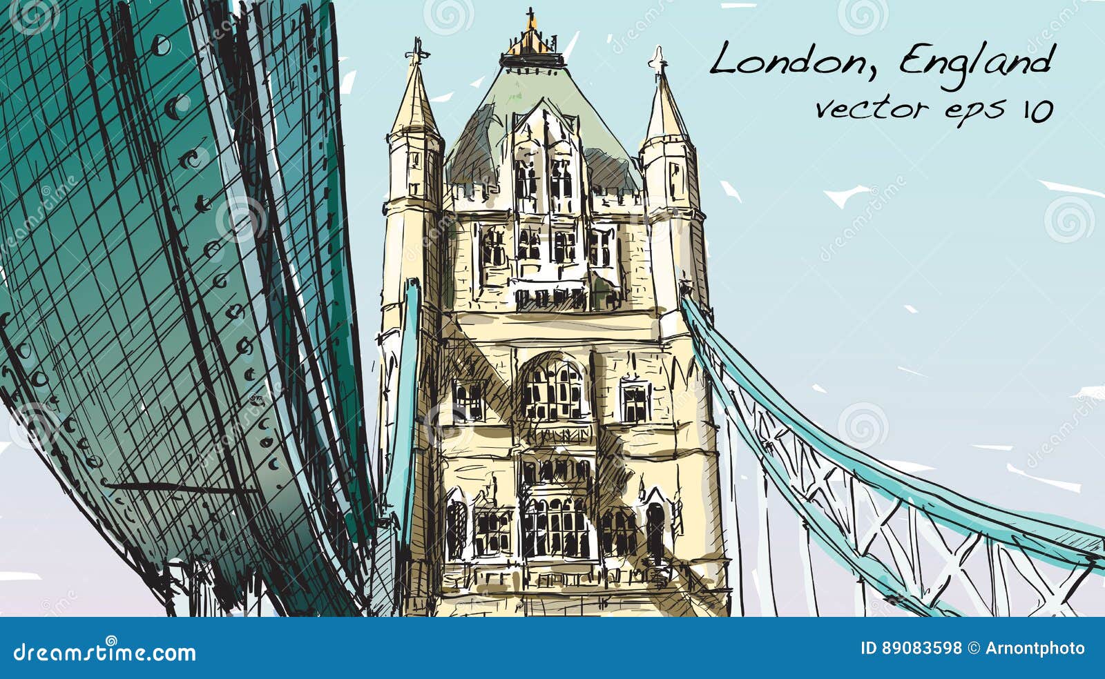 Sketch Drawing in London England Show Tower Bridge, Illustration Stock ...