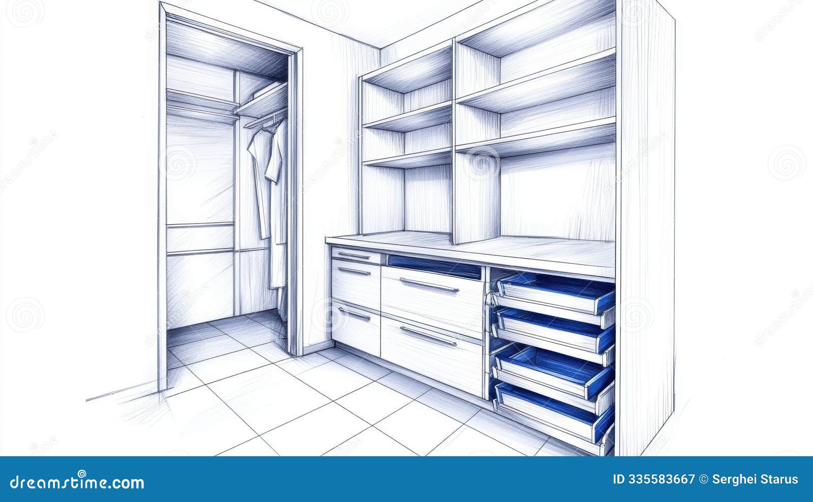 A Sketch of a Drawing Shows an Open Closet with Drawers, AI Stock Image ...