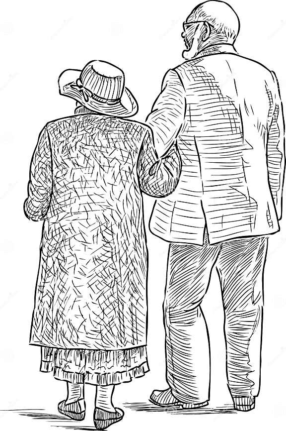 A Sketch Of Elderly Spouses Going For A Walk Stock Vector