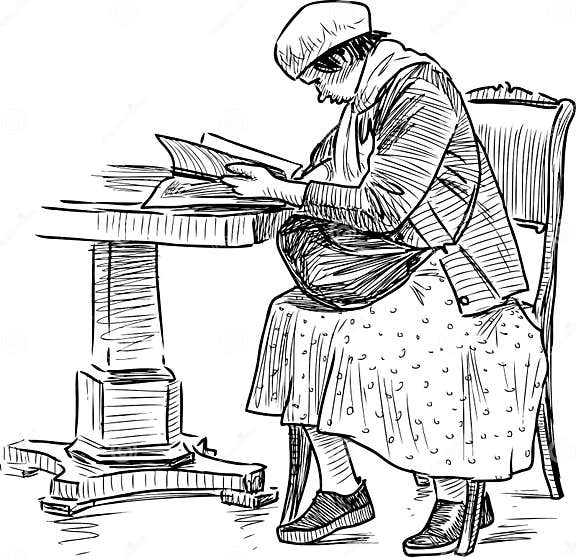 Sketch Of Elderly Woman Sitting At Table And Reading Magazines Stock