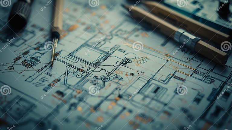 A Sketch of an Electronic Circuit Diagram and Electronic Components on ...